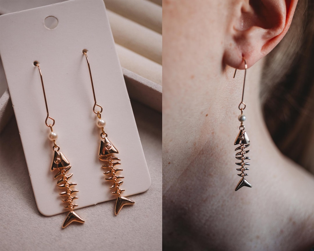 Gold Fish Bone Earrings, Pearl Beads, Fish Hook Skeleton Jewelry - Etsy