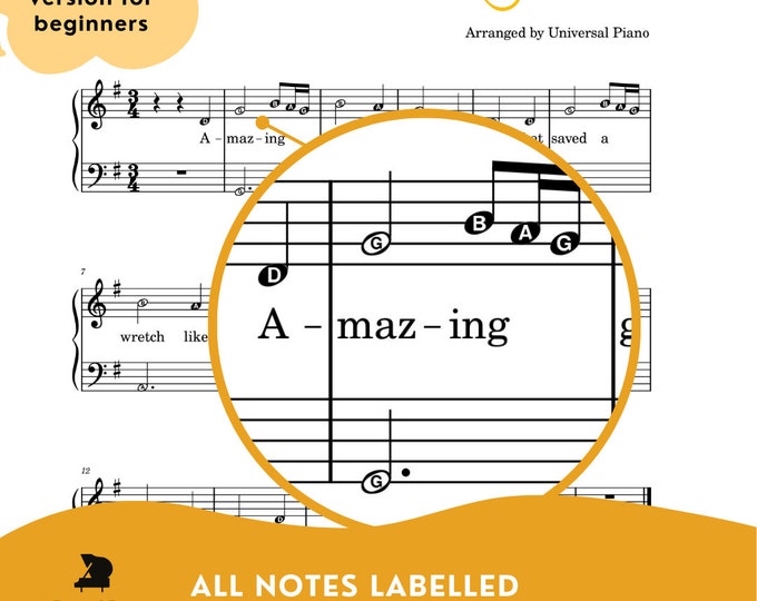 Amazing Grace Piano Sheet Music Easy for Beginners, All Notes Labelled ...