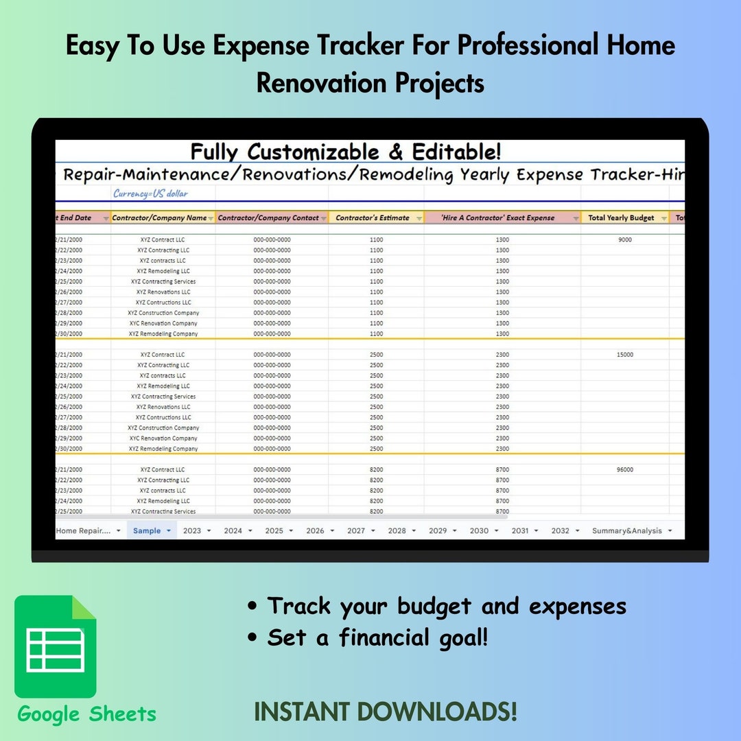 Budget and Expense Tracker Spreadsheet Template for Home Repair ...