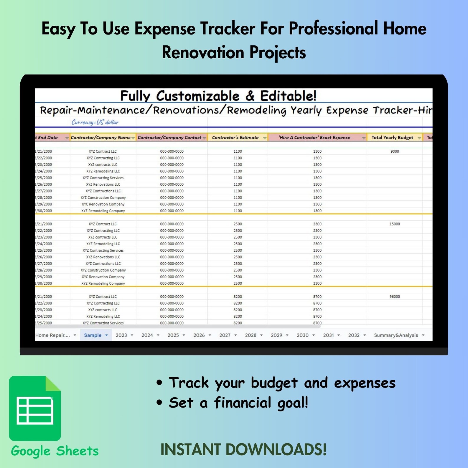 Budget and Expense Tracker Spreadsheet Template for Home Repair ...