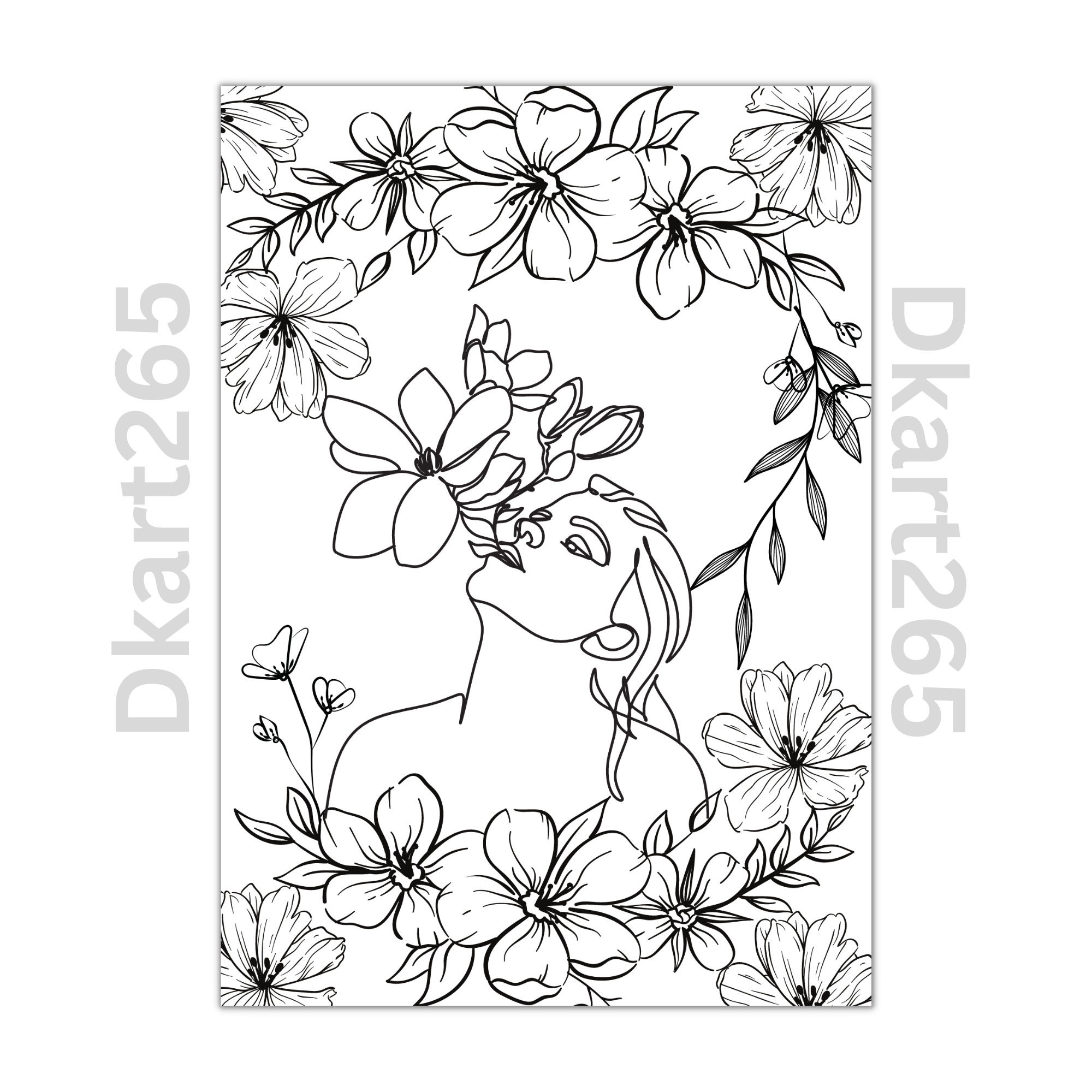 Woman With Flowers Printable Coloring Page ... Dkart265 - Etsy