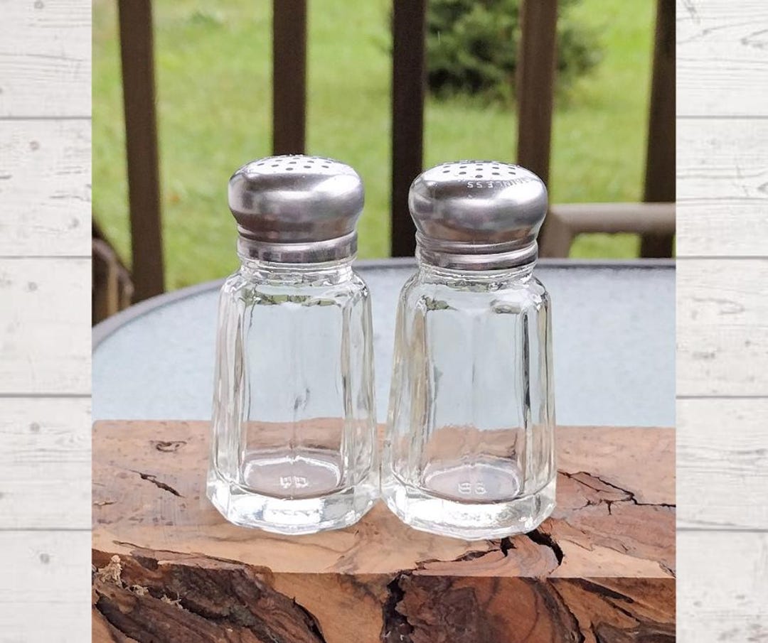 Vintage Set of Clear Glass Salt and Pepper Shakers. Stainless Steel ...