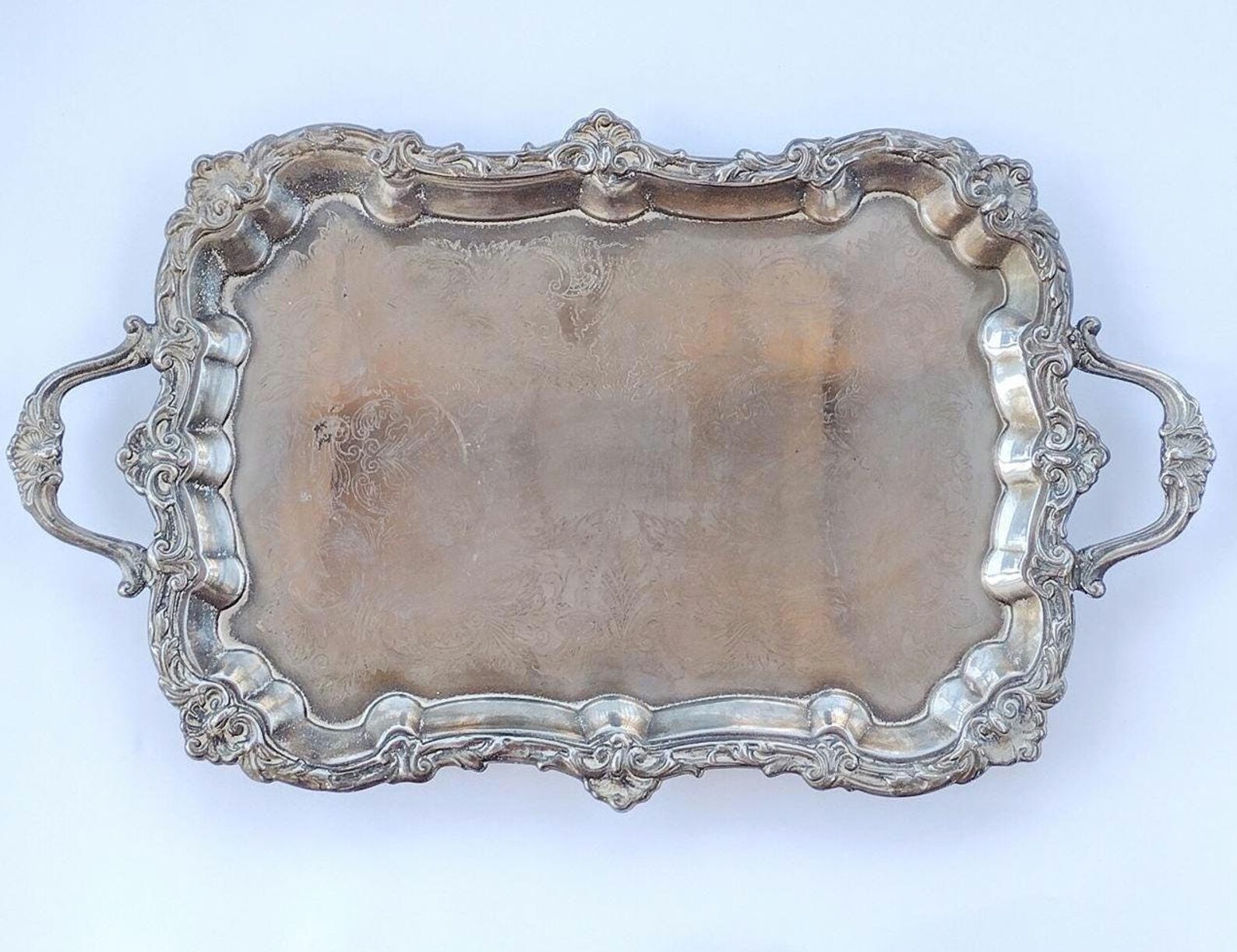 Vintage Silver Serving Tray. Footed Tray With Handles. Engraved. Tea ...