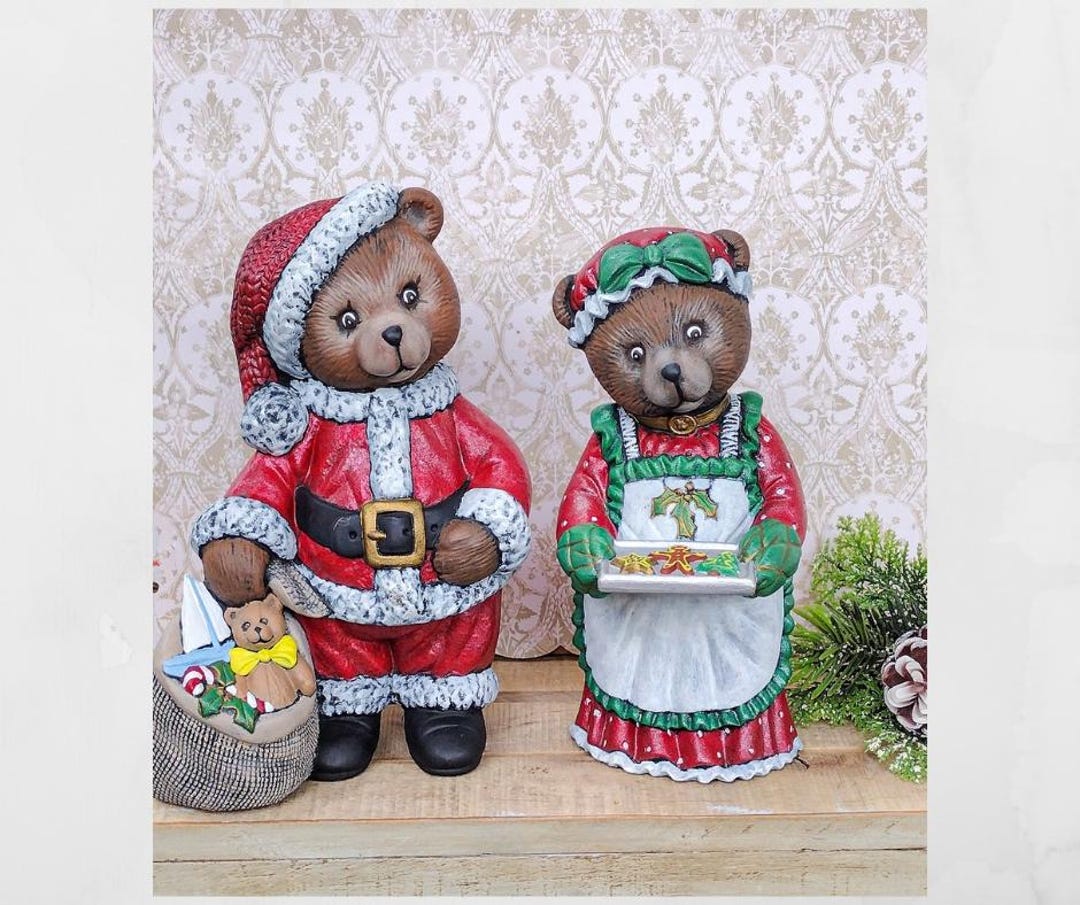 Vintage Santa and Mrs. Clause Teddy Bear Figurines. Ceramic Christmas ...