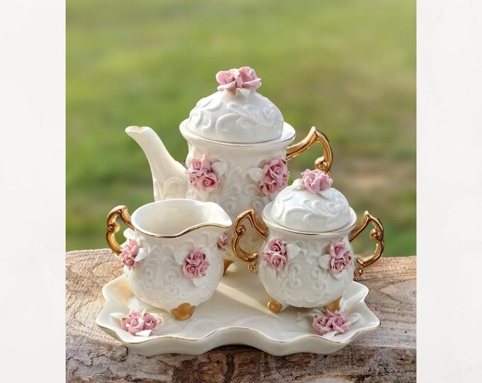 Vintage Cracker Barrel Porcelain Tea Set and Tray W/ Pink Roses. 10k ...