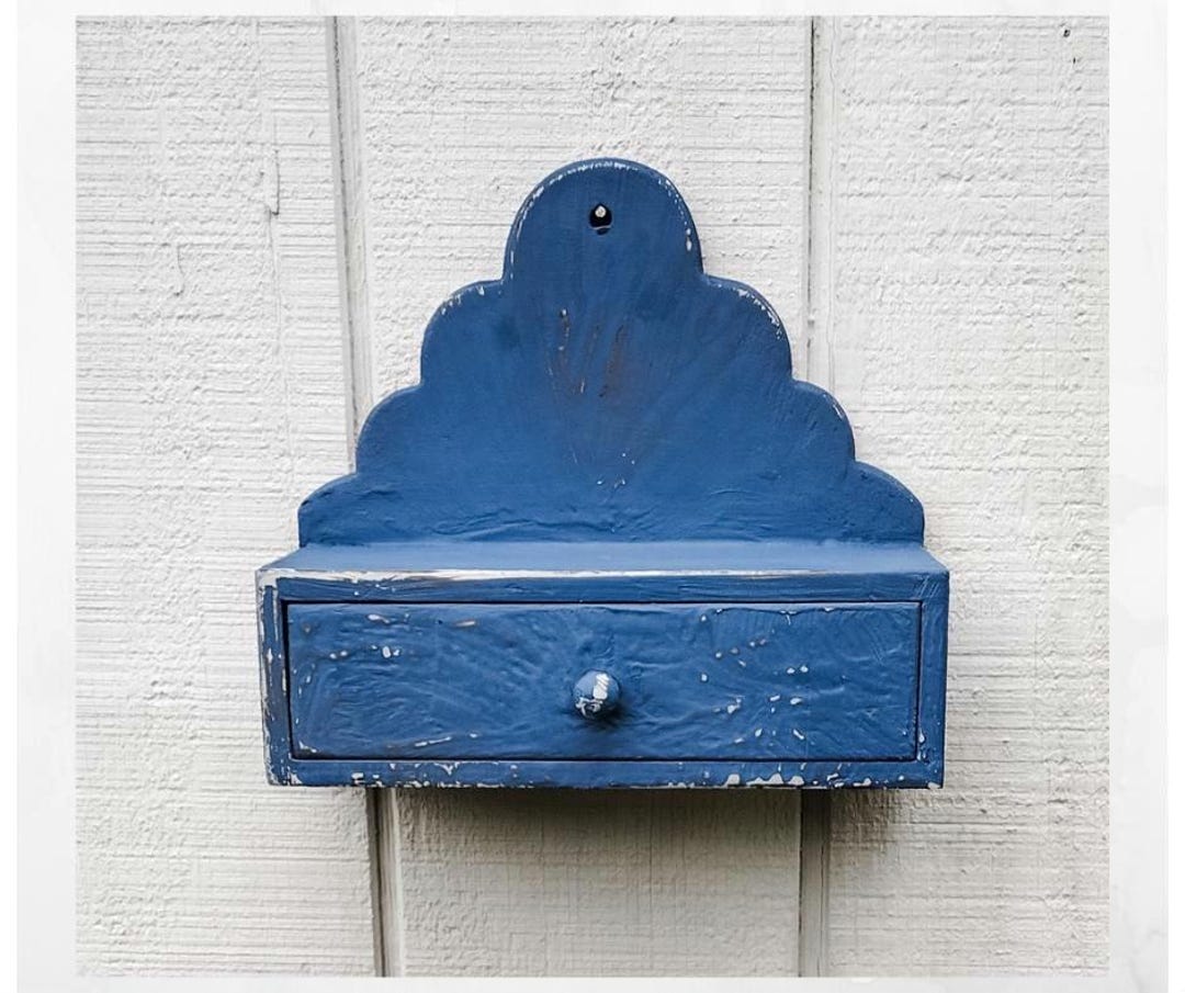 Vintage Primitive Wall Shelf With Large Drawer. Distressed Blue Rustic ...