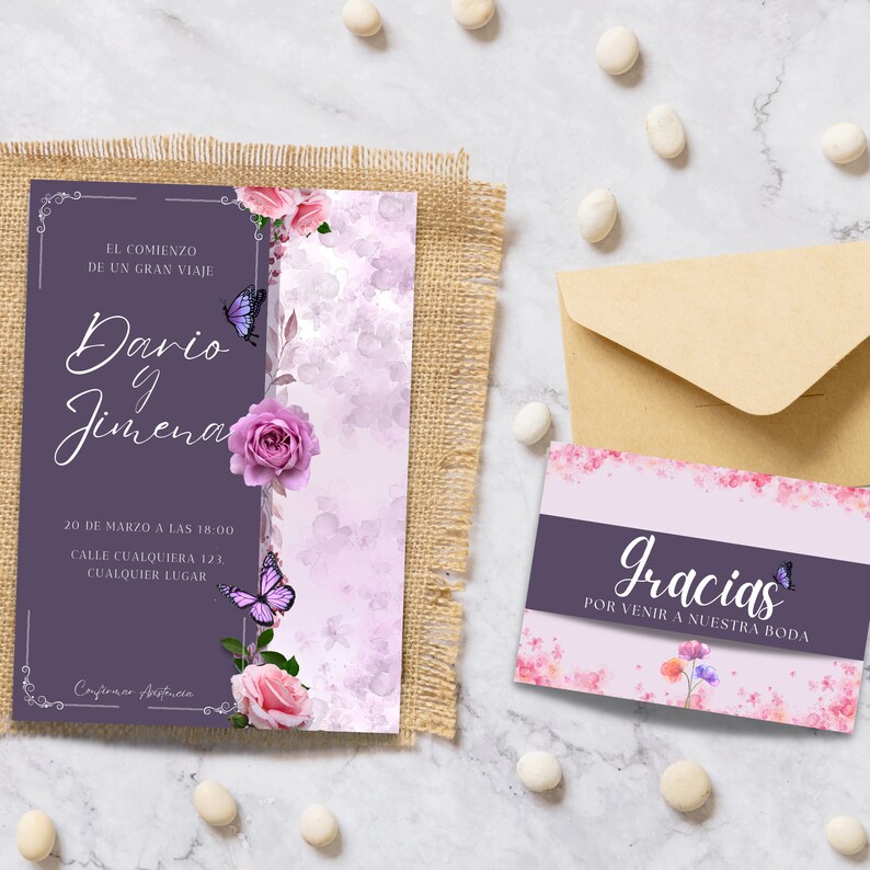 Elegant Purple Wedding Invitation Card Templates - Thank You Cards Set ...