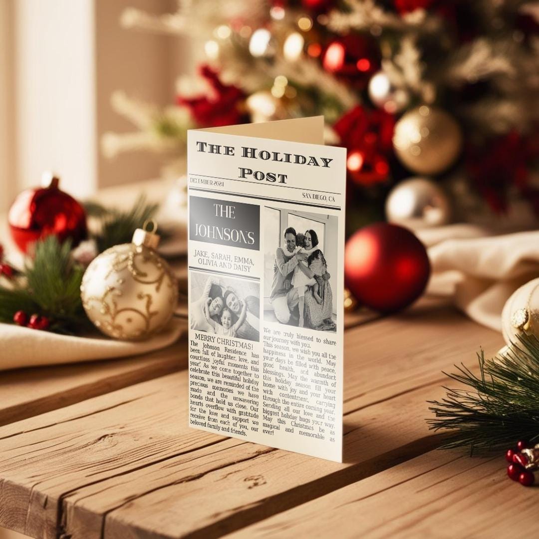 Newspaper Christmas Card Template, Modern Holiday Card Design, Family ...