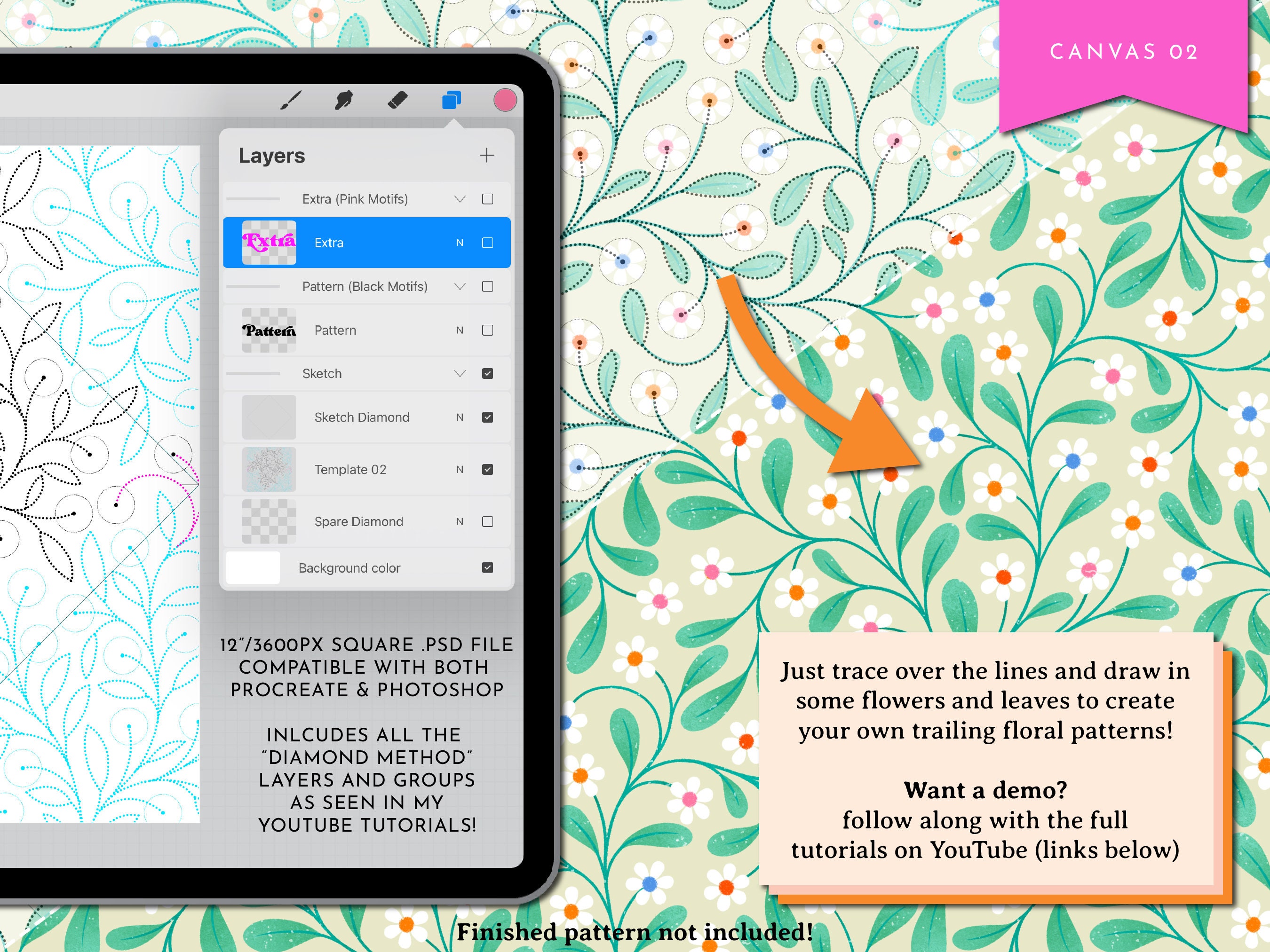The Pattern Maker Canvas Trailing Floral Templates, Diamond Method ...