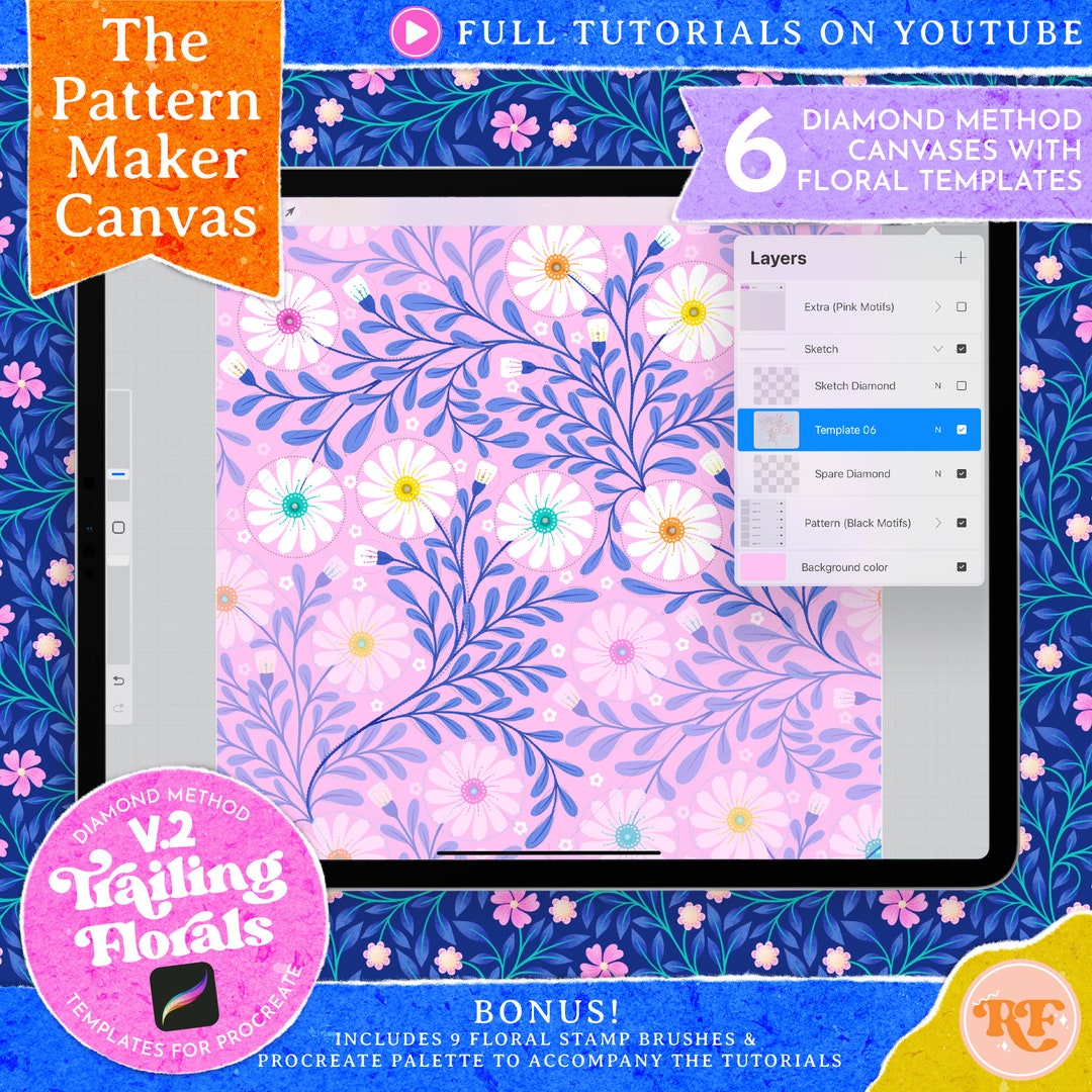 The Pattern Maker Canvas Trailing Floral Templates V2, Diamond Method ...