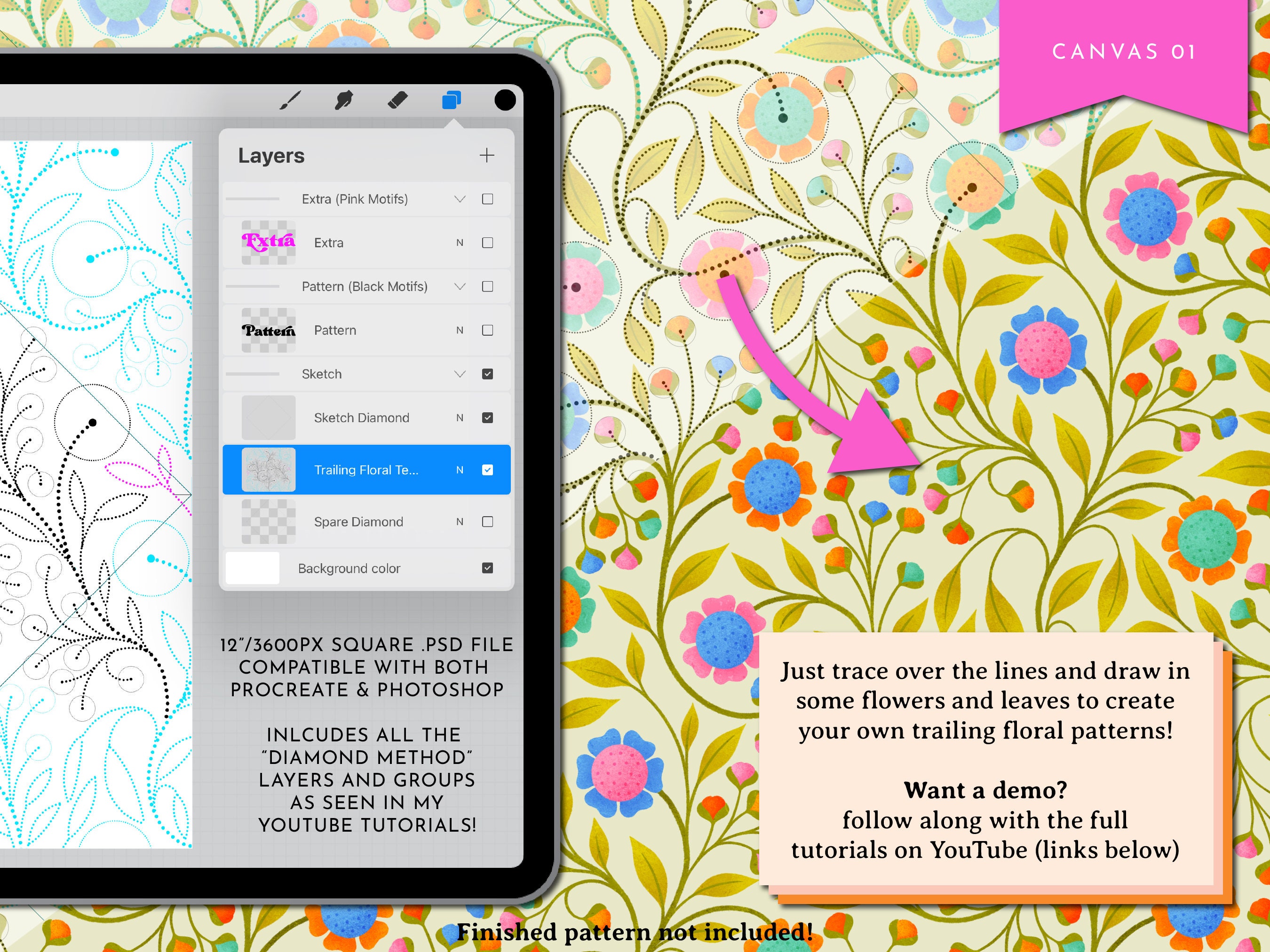 The Pattern Maker Canvas Trailing Floral Templates, Diamond Method ...