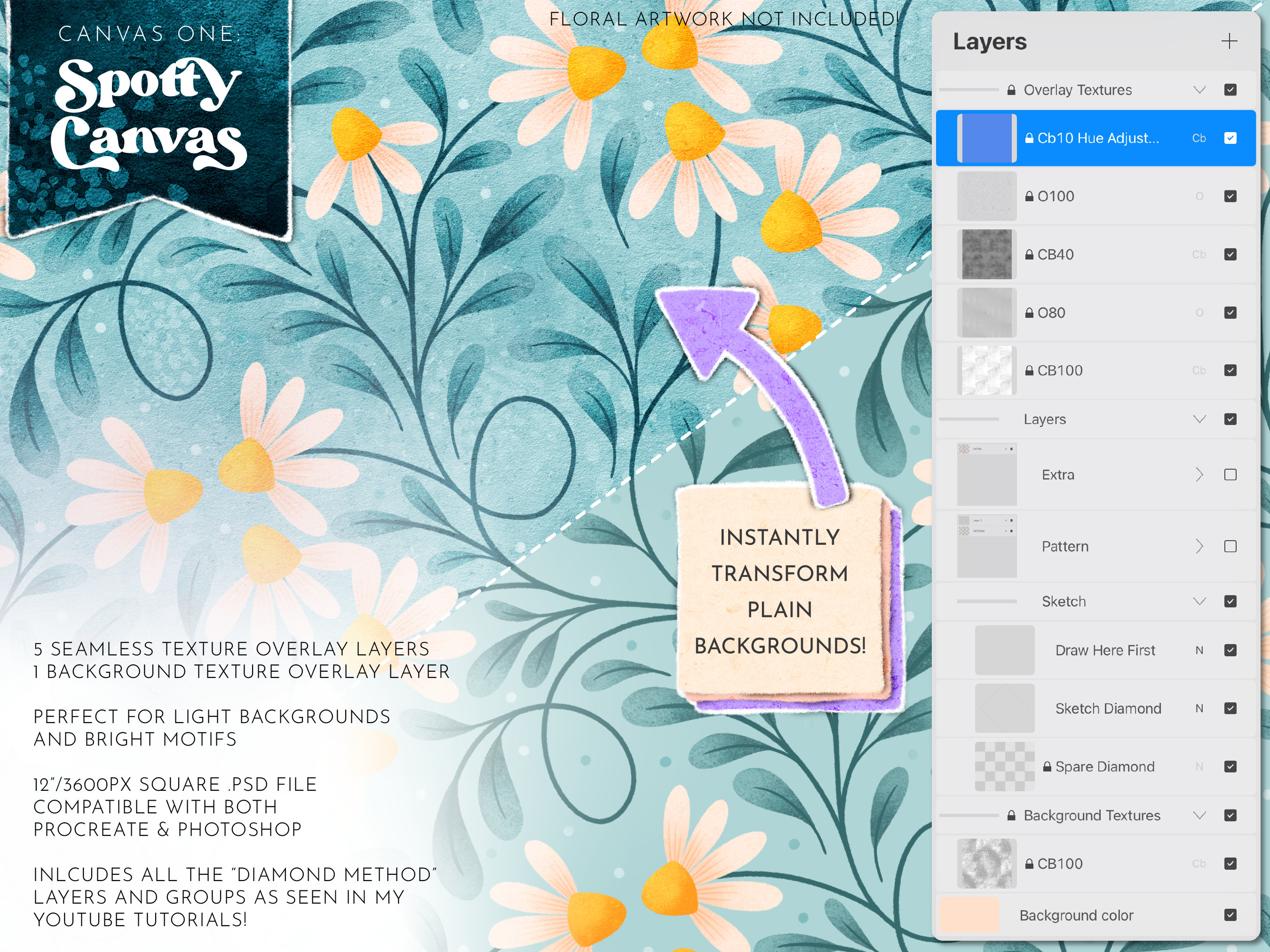 The Pattern Maker Canvas for Procreate Vol.ii Boho Brights, Seamless Texture Overlays, Diamond ...