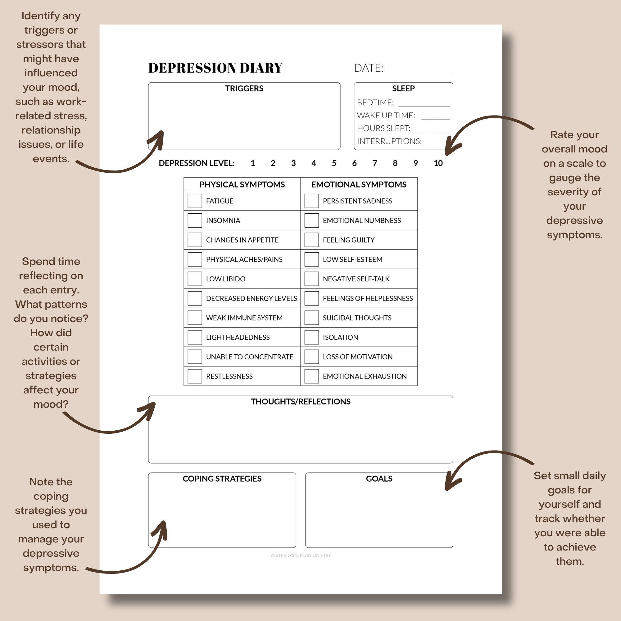 Depression Tracker Diary | Mood Tracker | Printable Depression Template ...