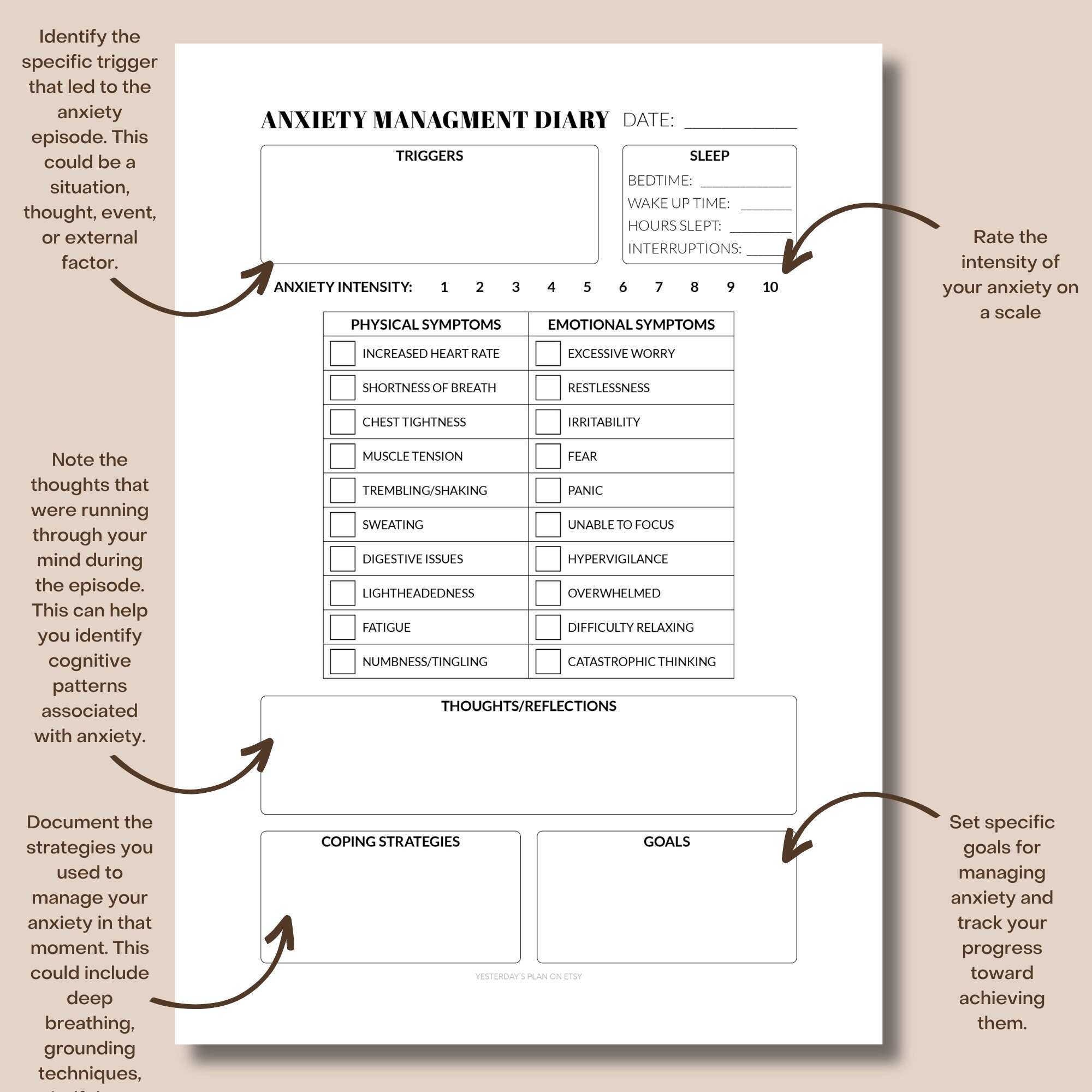 Anxiety Diary Tracker | Mood Tracker | Printable Anxiety Template ...