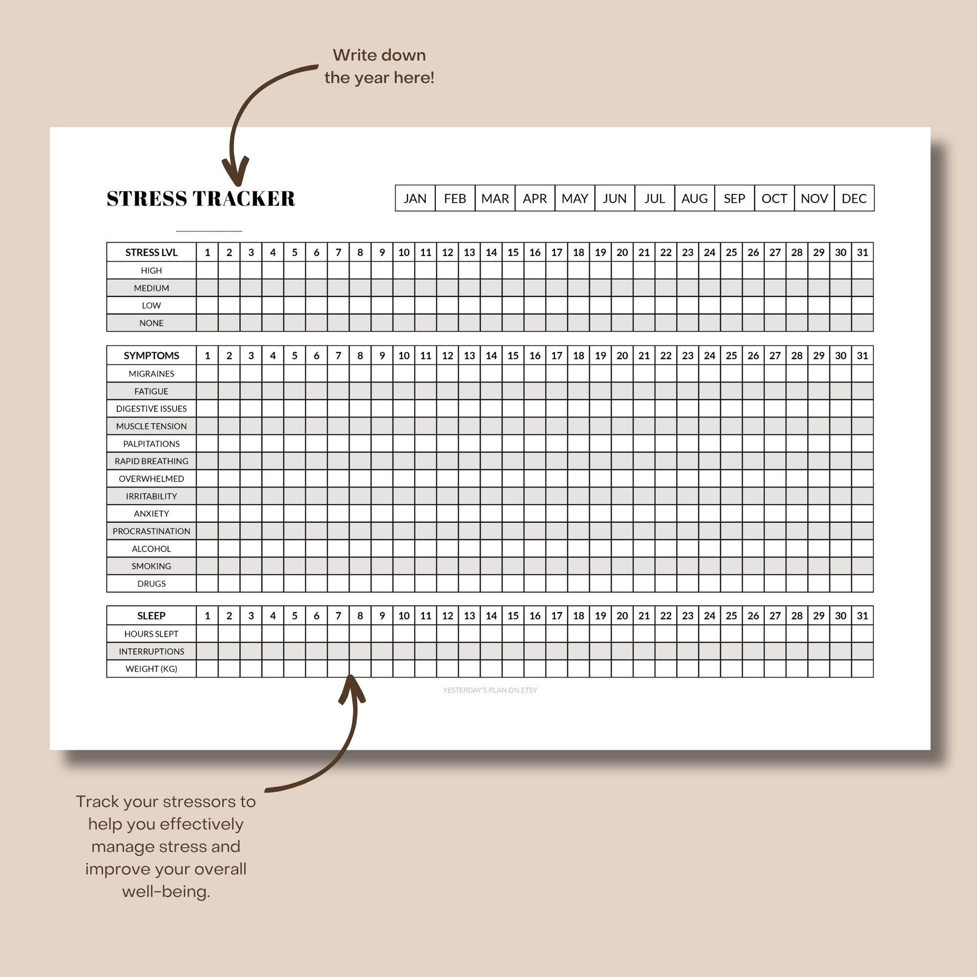Stress Tracker Diary | Mood Tracker | Printable Stress Template | Daily ...