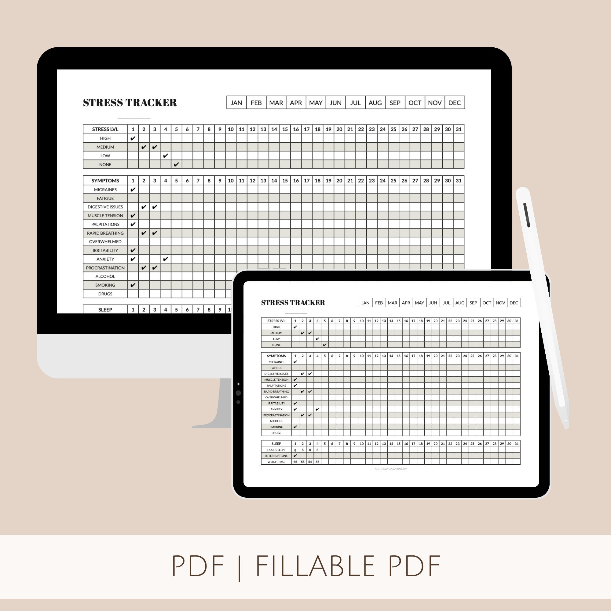 Stress Tracker | Printable Stress Template | Digital Stress Journal | Stress Symptom Tracker ...
