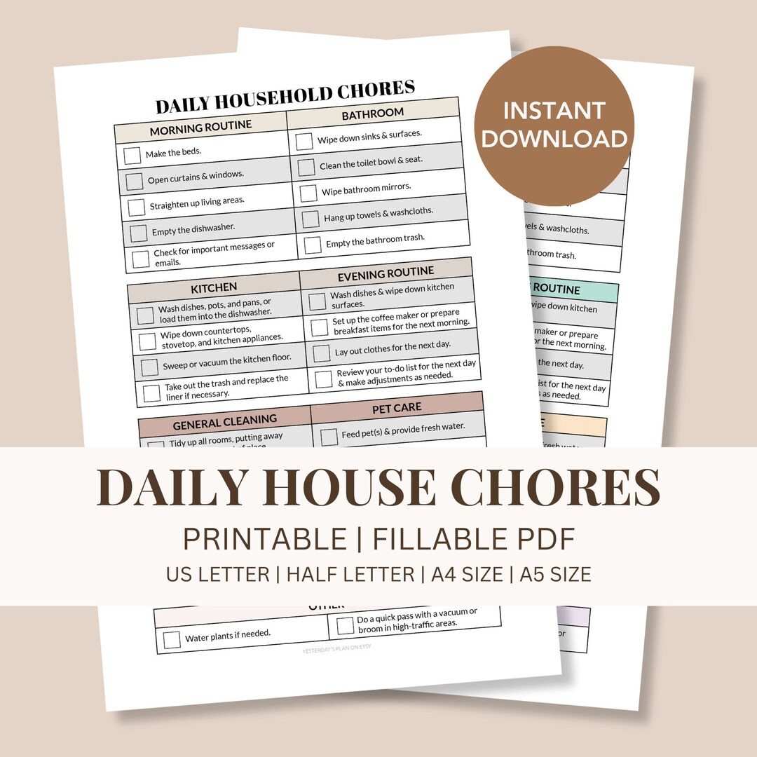 Daily Household Chores Checklist Daily Cleaning Schedule - Etsy