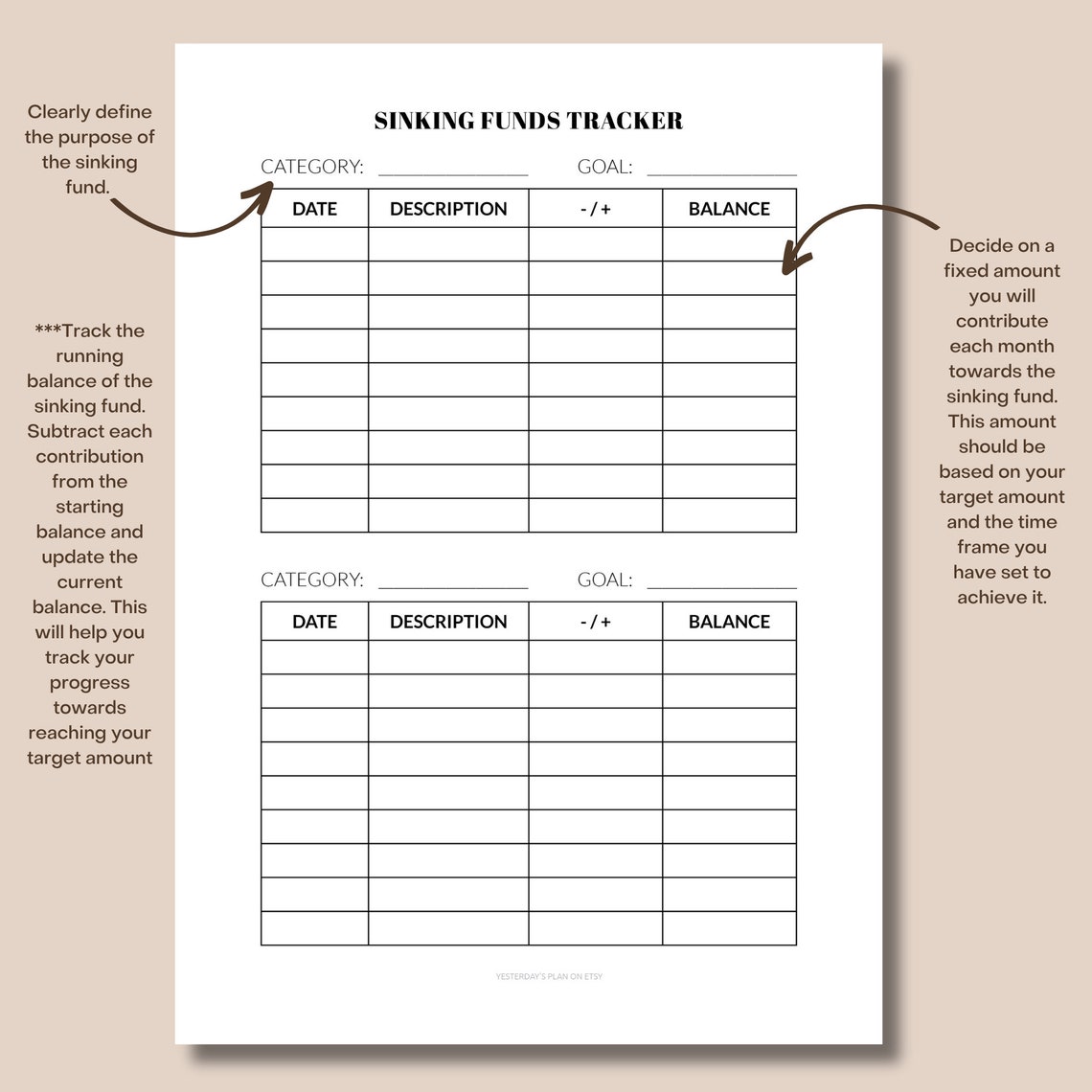 Sinking Funds Tracker Template Sinking Funds Progress Sinking Funds Log ...