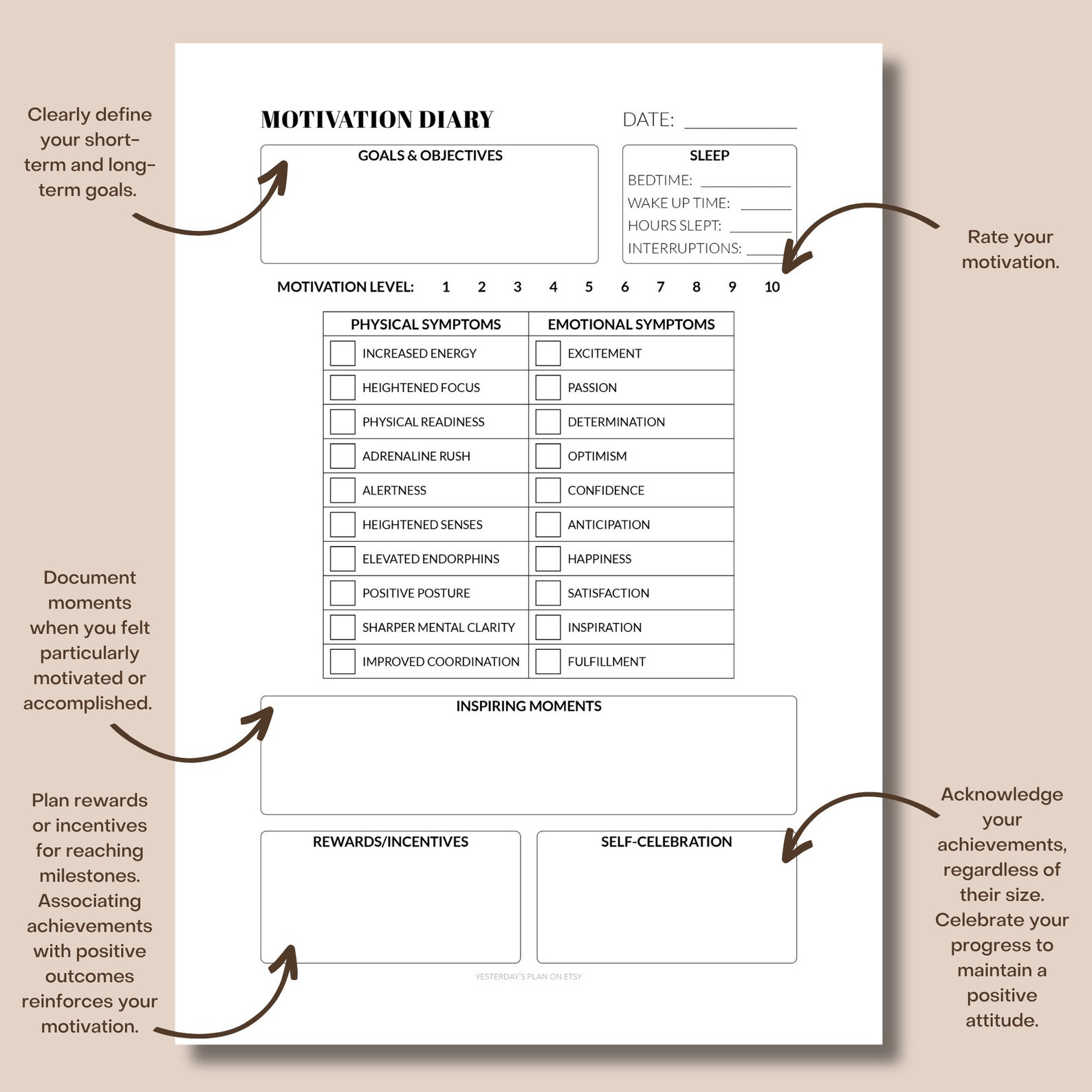 Motivation Tracker Diary Mood Tracker Printable Motivation Template ...