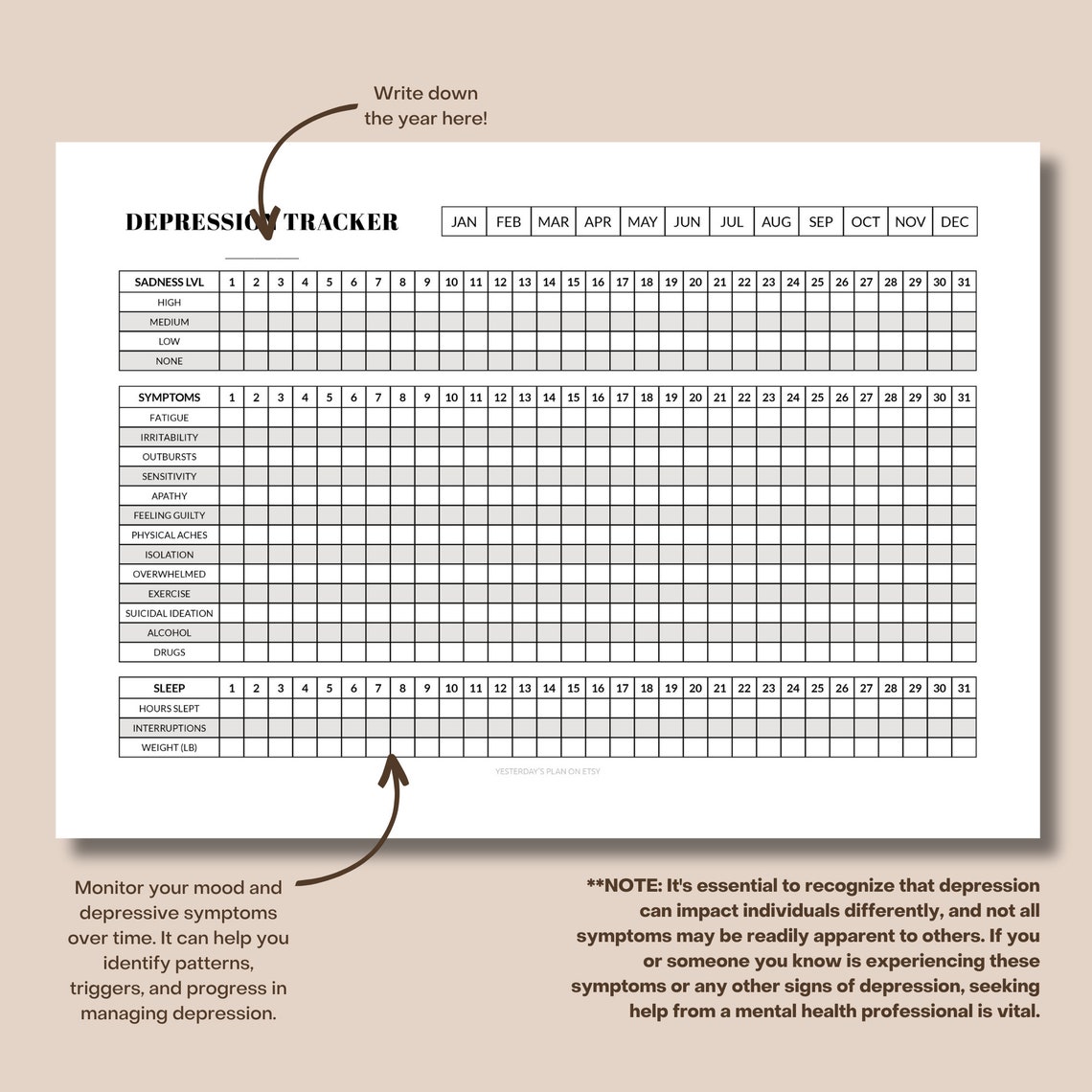 Depression Tracker Mood Tracker Printable Depression Template Mental ...