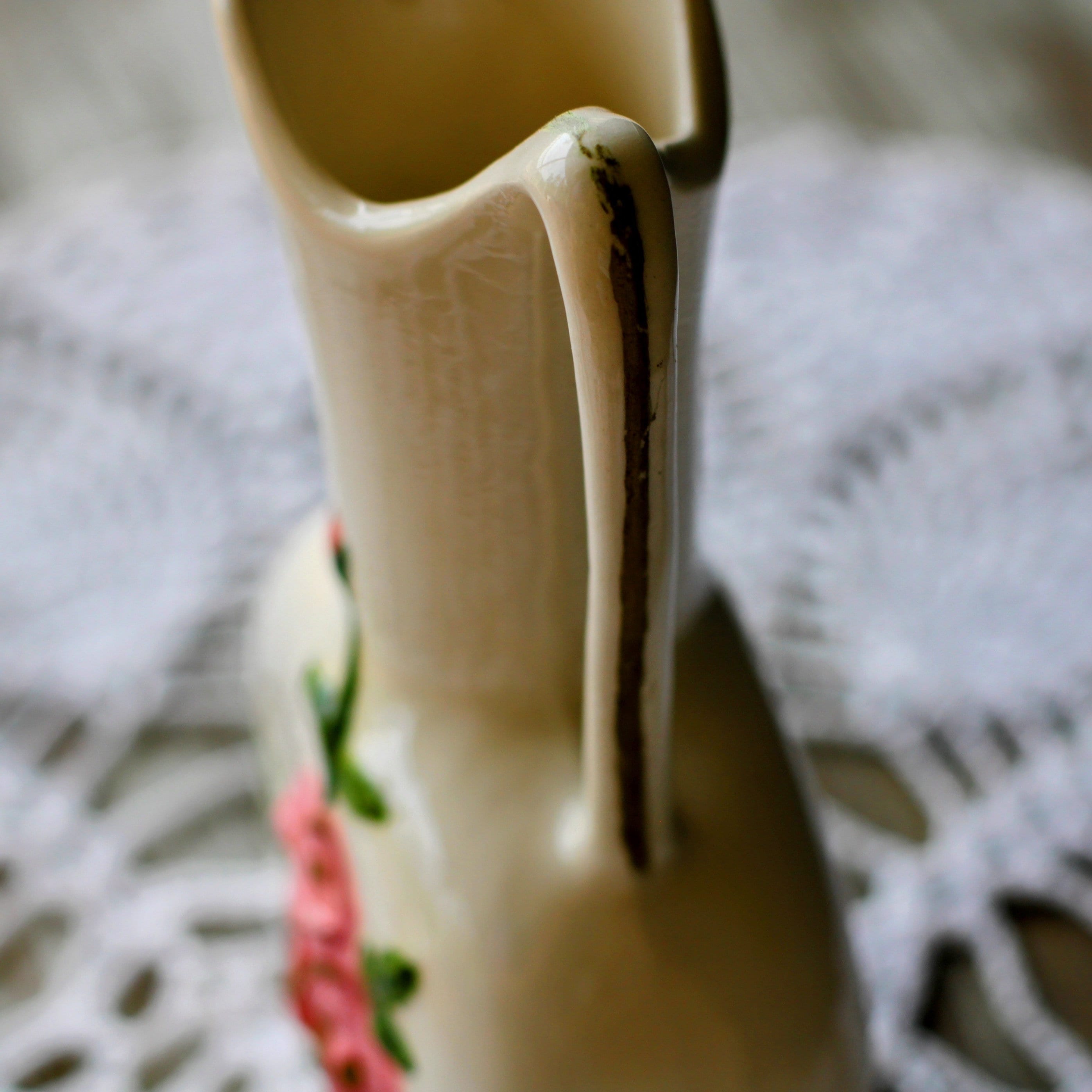 Vintage Rose Motif Pitcher Vase With Handle Artisan Signed Ceramic ...