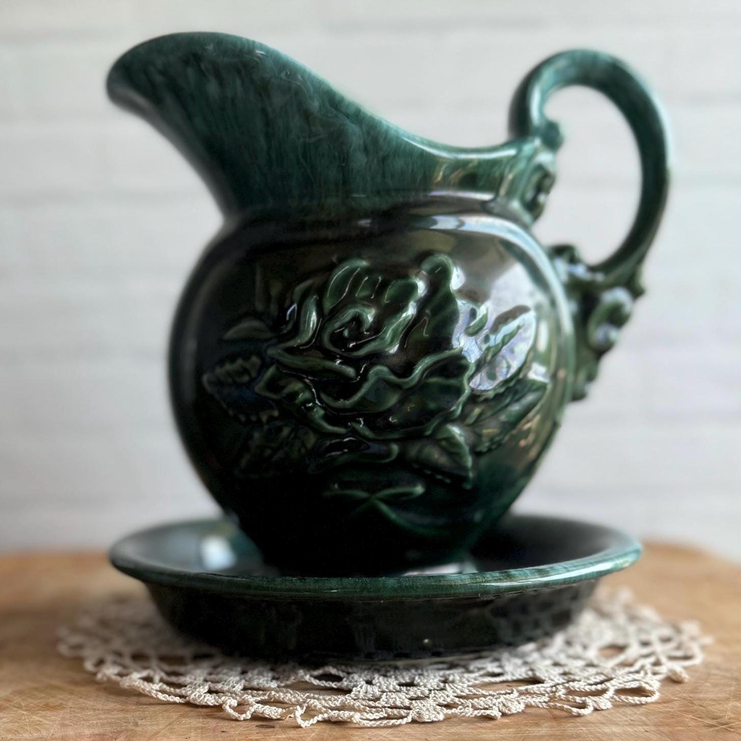 Vintage Hull Pottery Pitcher and Bowl Set: Teal Green Drip Glaze, Mid ...