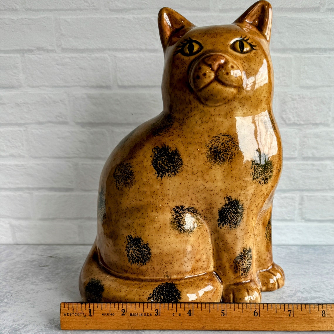 Vintage Ceramic Spotted Cat Handpainted Shiny Glaze Studio Piece Brown ...