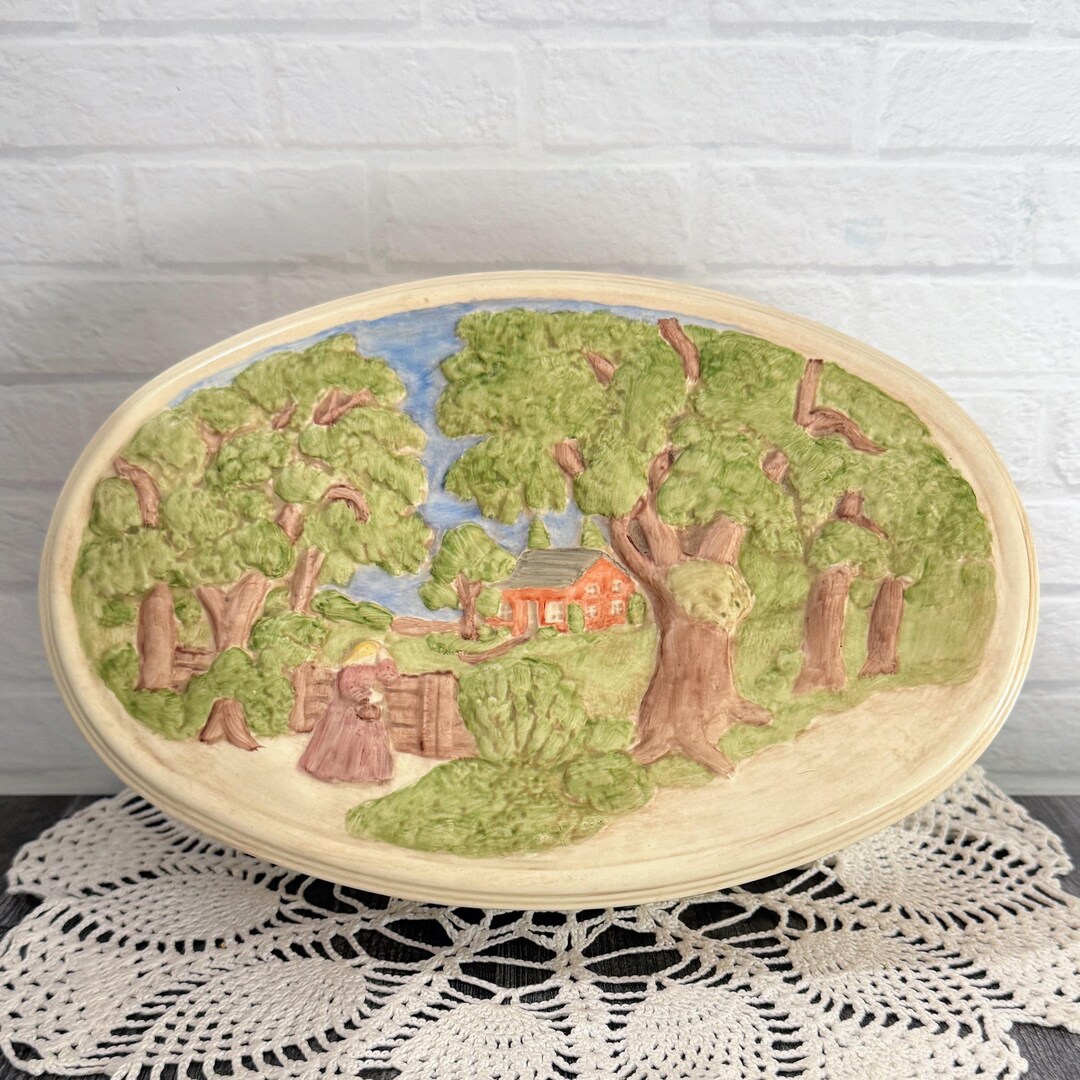 Vintage Keepsake Box | 11” Oval Jewelry Box With Countryside Scene ...