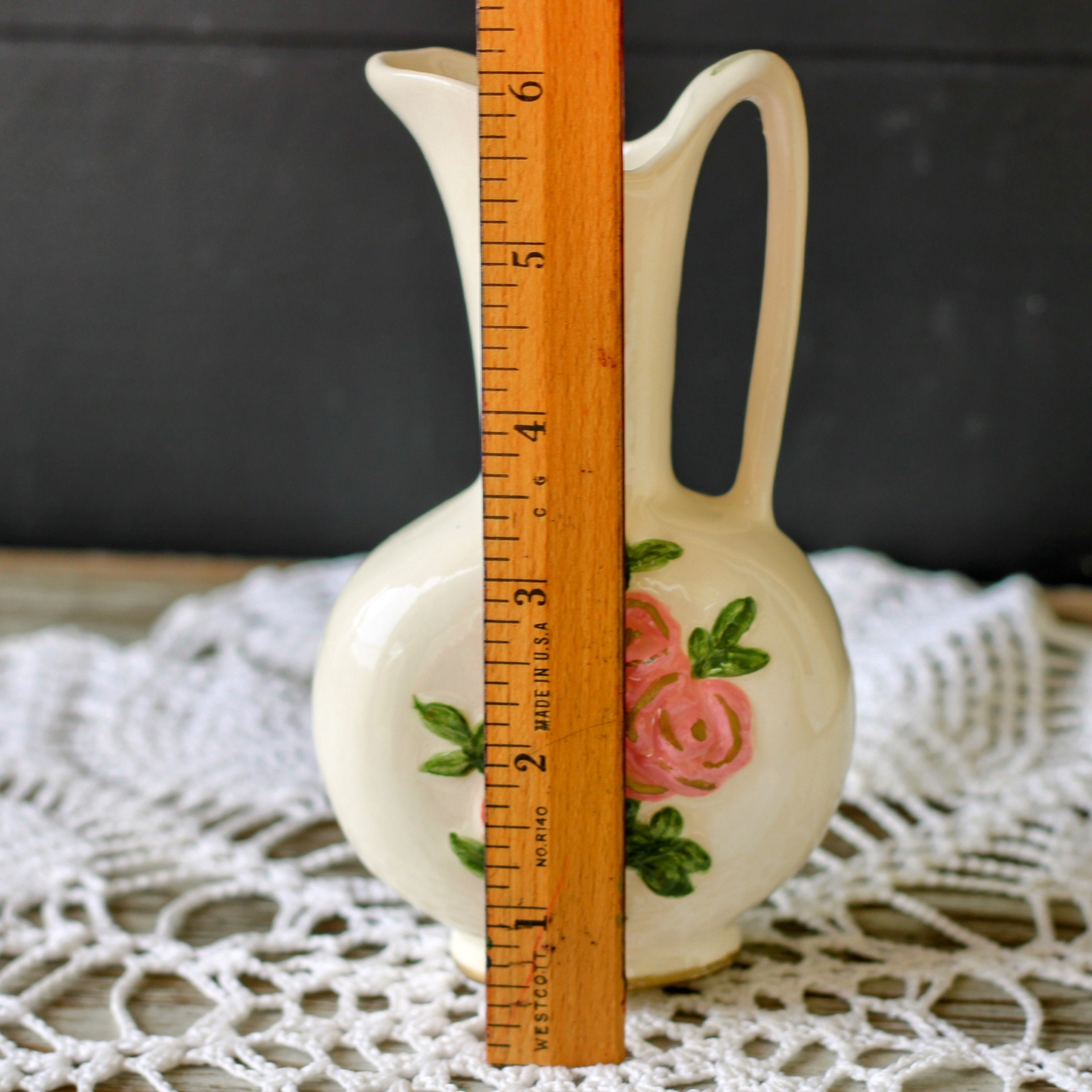 Vintage Rose Motif Pitcher Vase With Handle Artisan Signed Ceramic ...