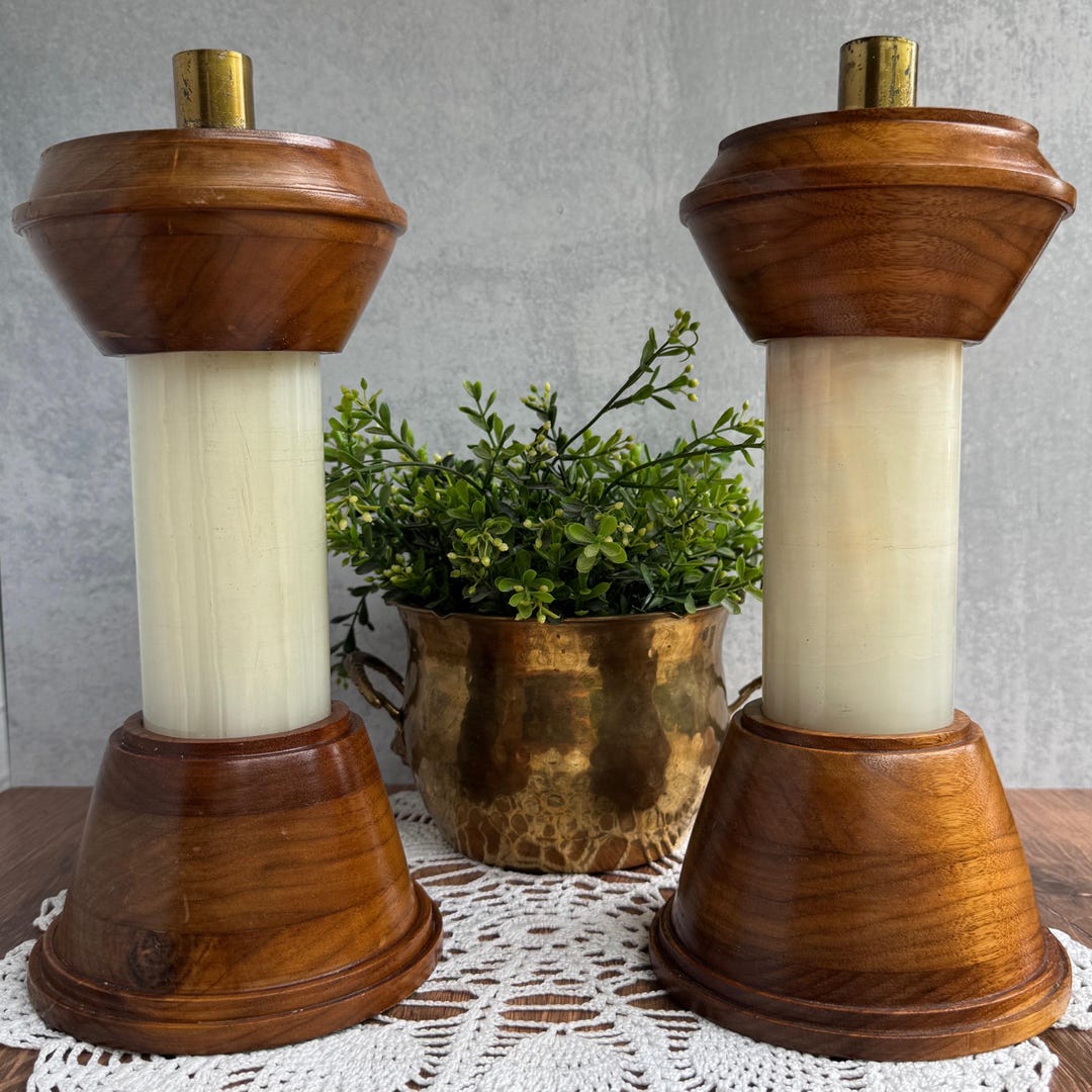 Mid Century Modern Wood & Alabaster Candle Holders - Heavy MCM ...