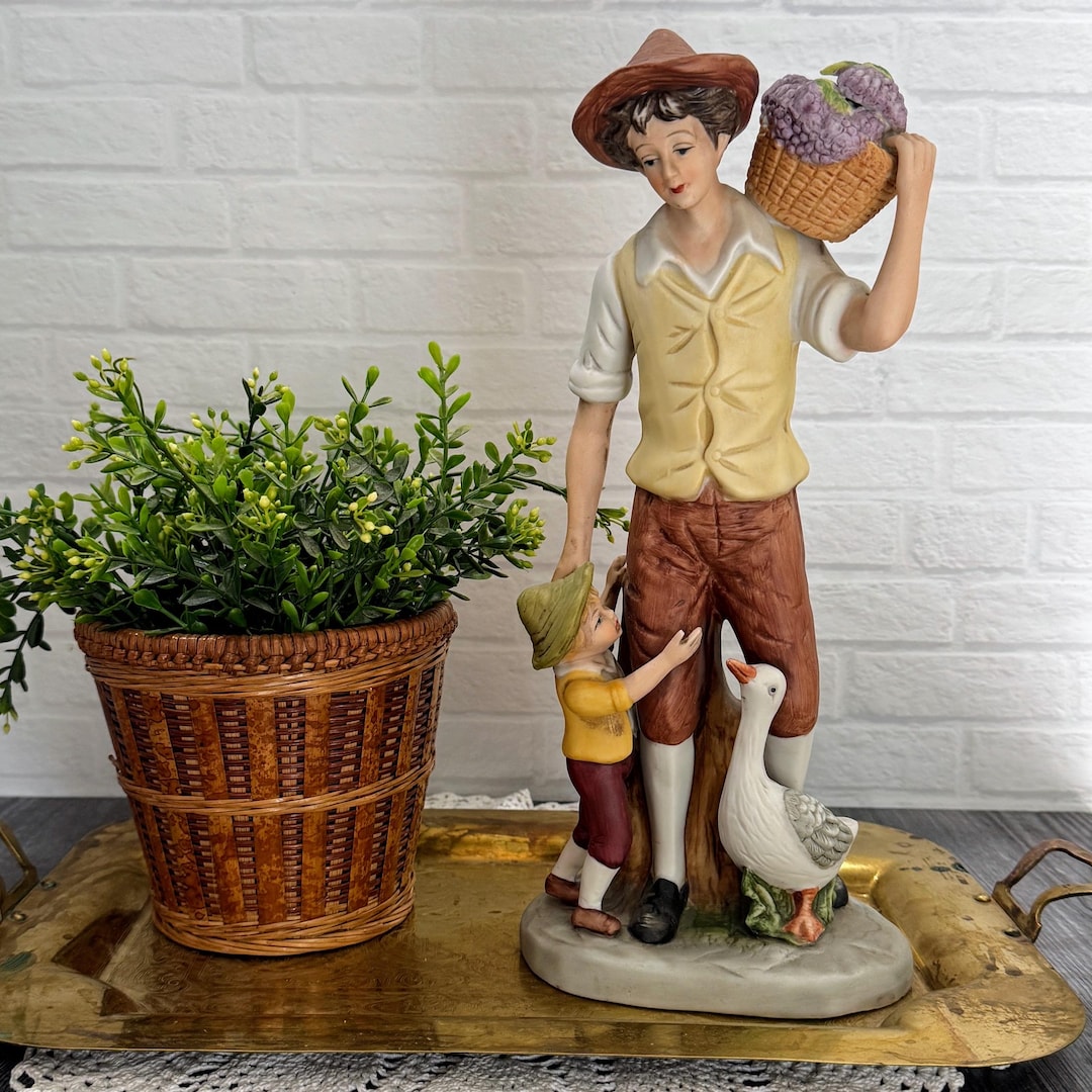 Vintage Farmhouse Figurine | Rustic Farmer With Child & Goose Statue ...