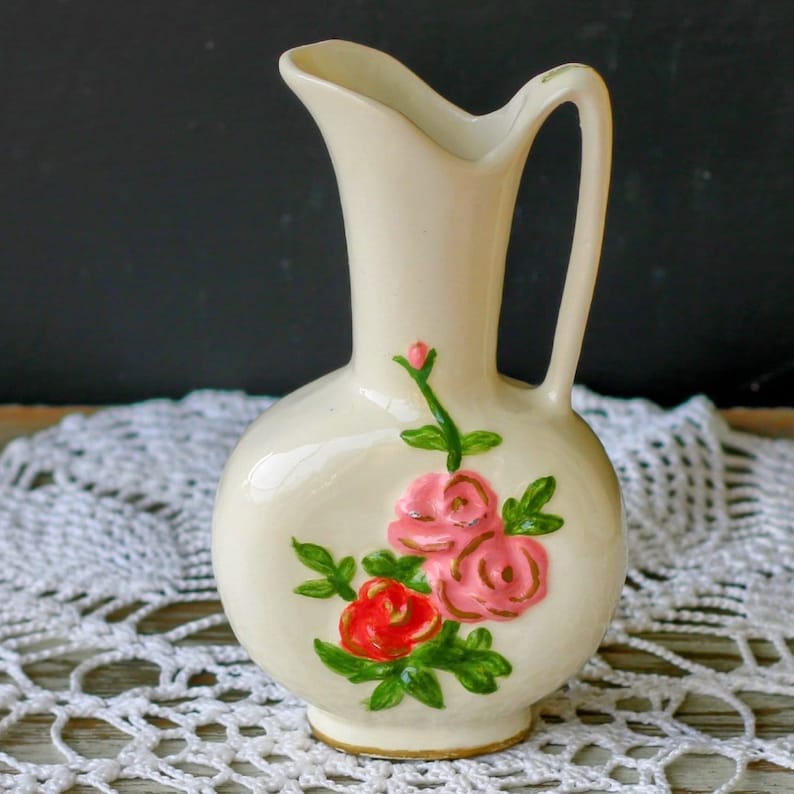 Vintage Rose Motif Pitcher Vase With Handle Artisan Signed Ceramic ...