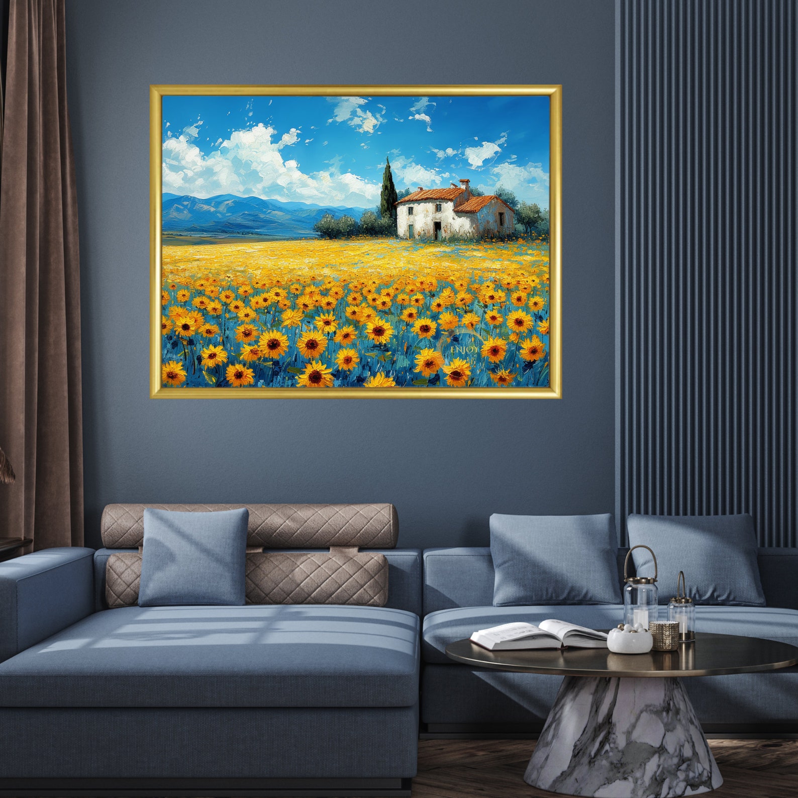Van Gogh Inspired Sunflower Country House Blu Sky Landscape Oil ...