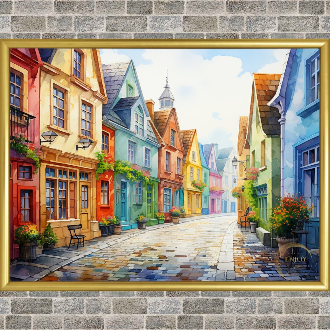 Whimsical Cobblestone Street Watercolor Painting: Colorful Houses Art ...
