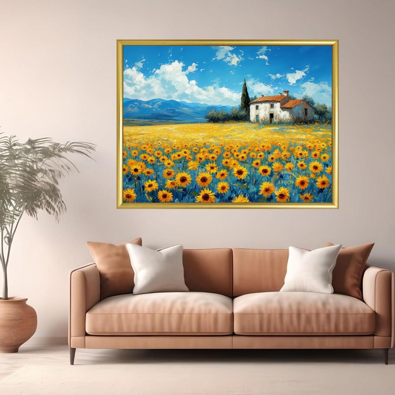 Van Gogh Sunflower Field Painting: Rustic Country House Art (digital ...