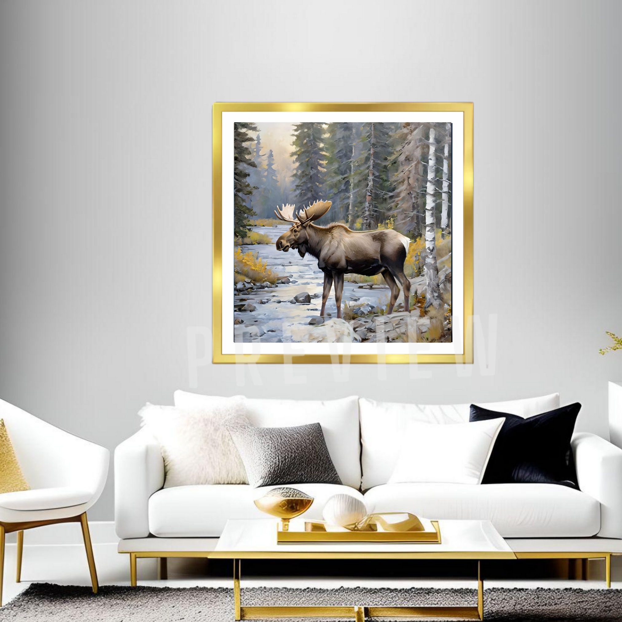 Moose Oil Painting Digital Print Landscape Forest Woods Brook Rocks ...