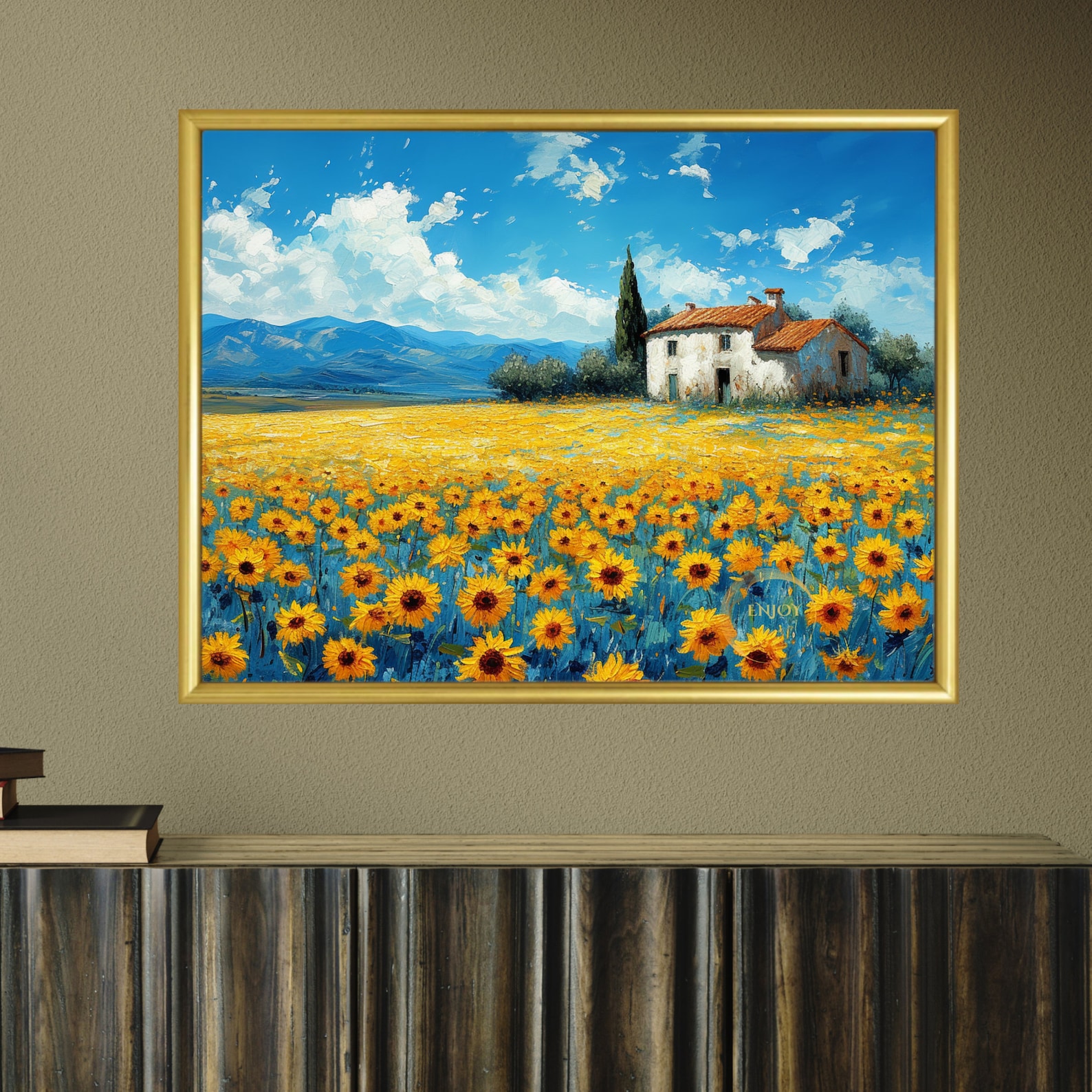 Van Gogh Inspired Sunflower Country House Blu Sky Landscape Oil ...