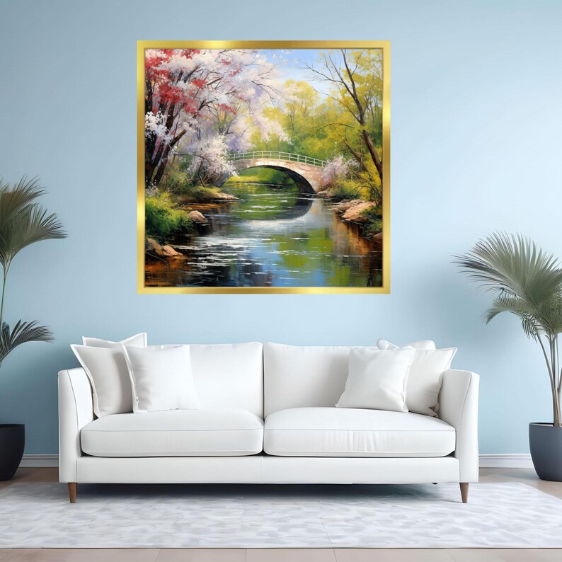 Humpback Bridge Over the River Mirroring the Spring Blossoming in the ...