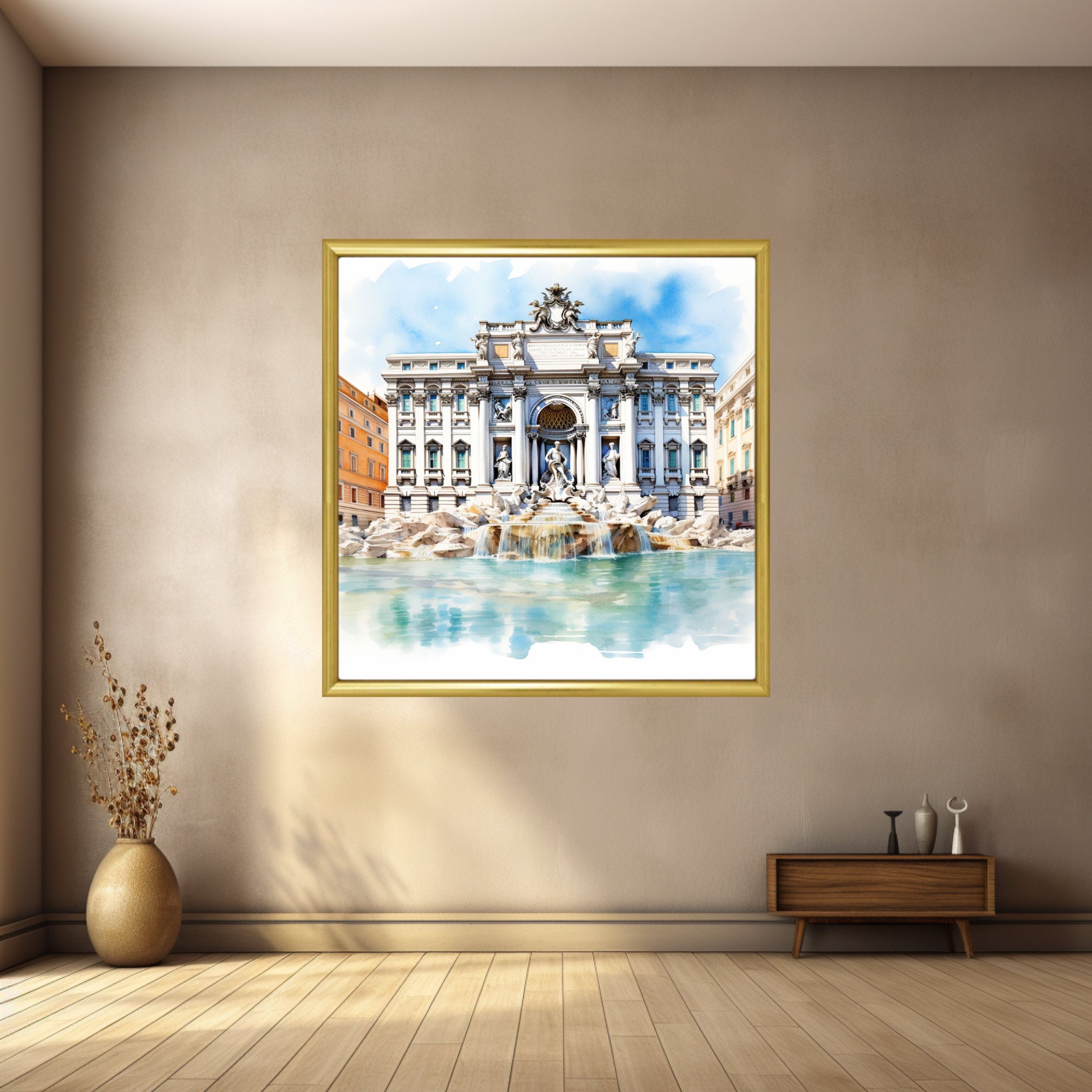 Trevi Fountain in Rome Watercolor Painting Wall Art Decor Design ...
