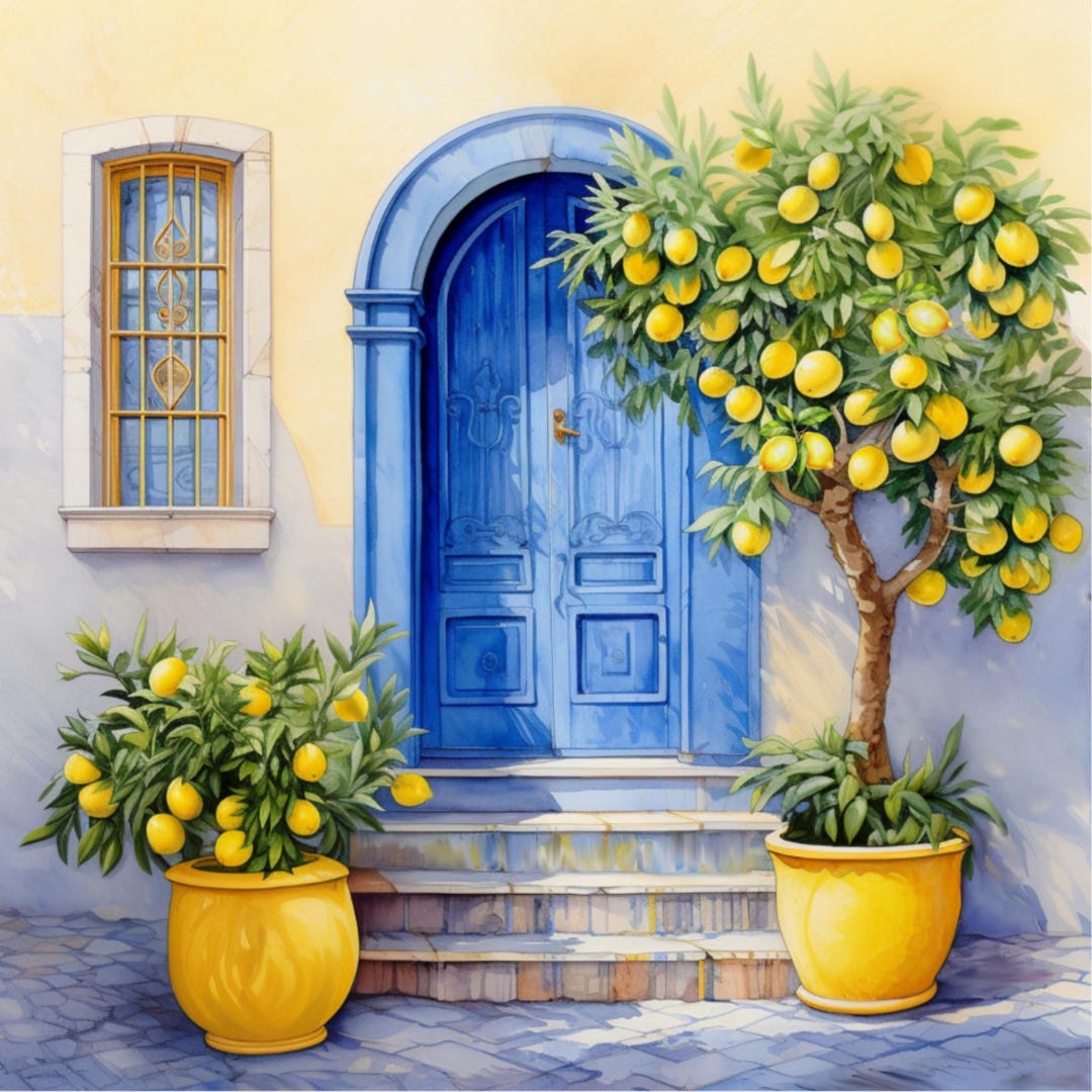 Italian Lemon Tree Print: Rustic Blue Door, Mediterranean Wall Art ...