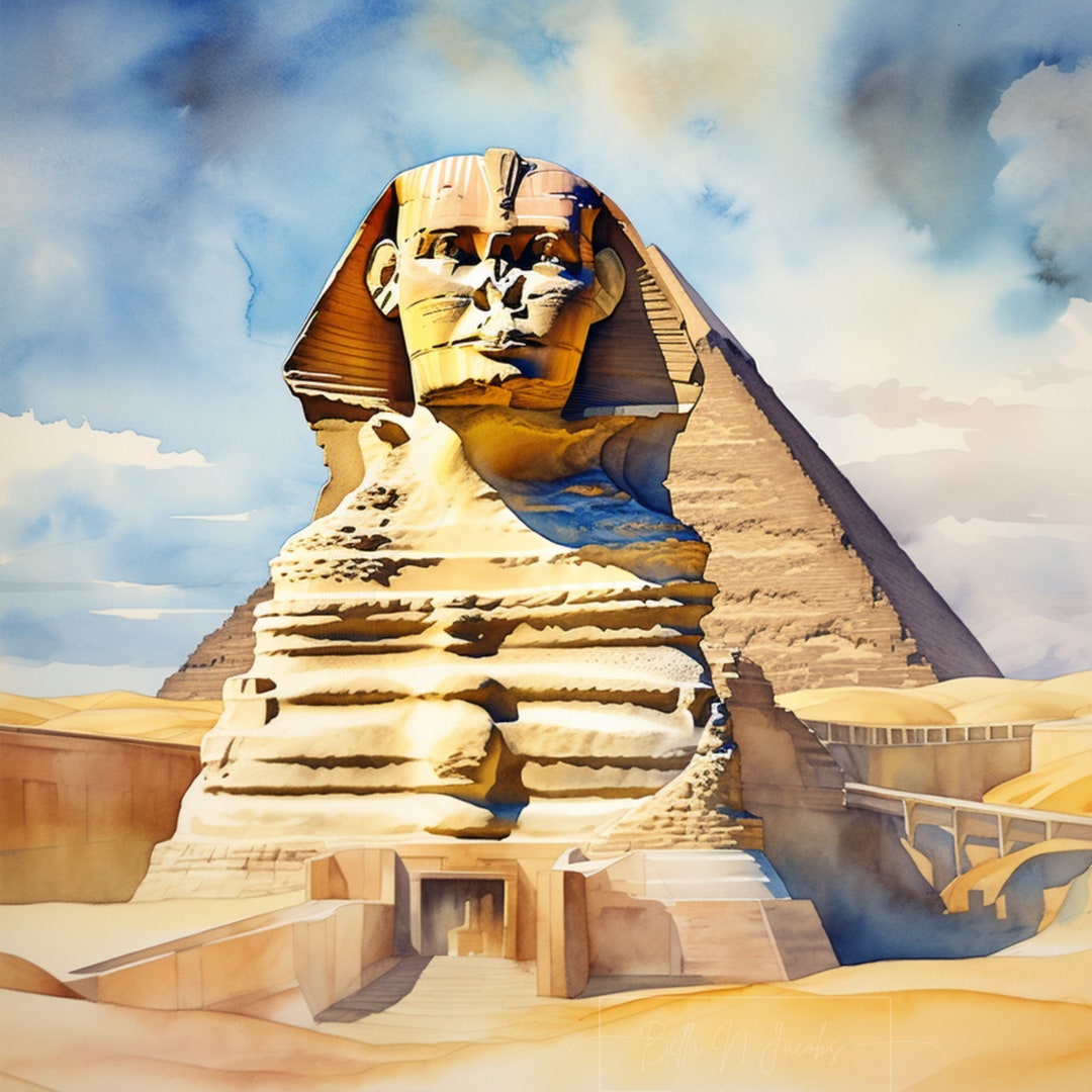 Sphinx Statue in Cairo, Egypt Landscape Watercolor Painting Digital ...