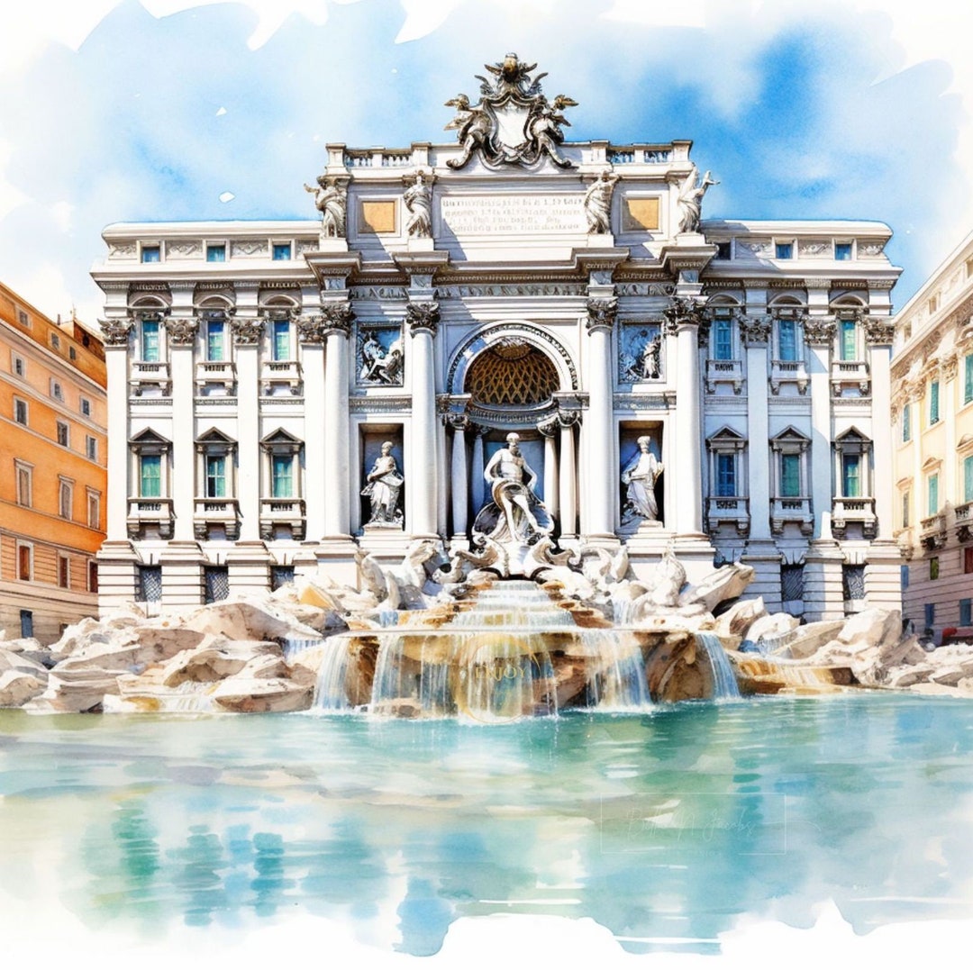 Trevi Fountain in Rome Watercolor Painting Wall Art Decor Design ...