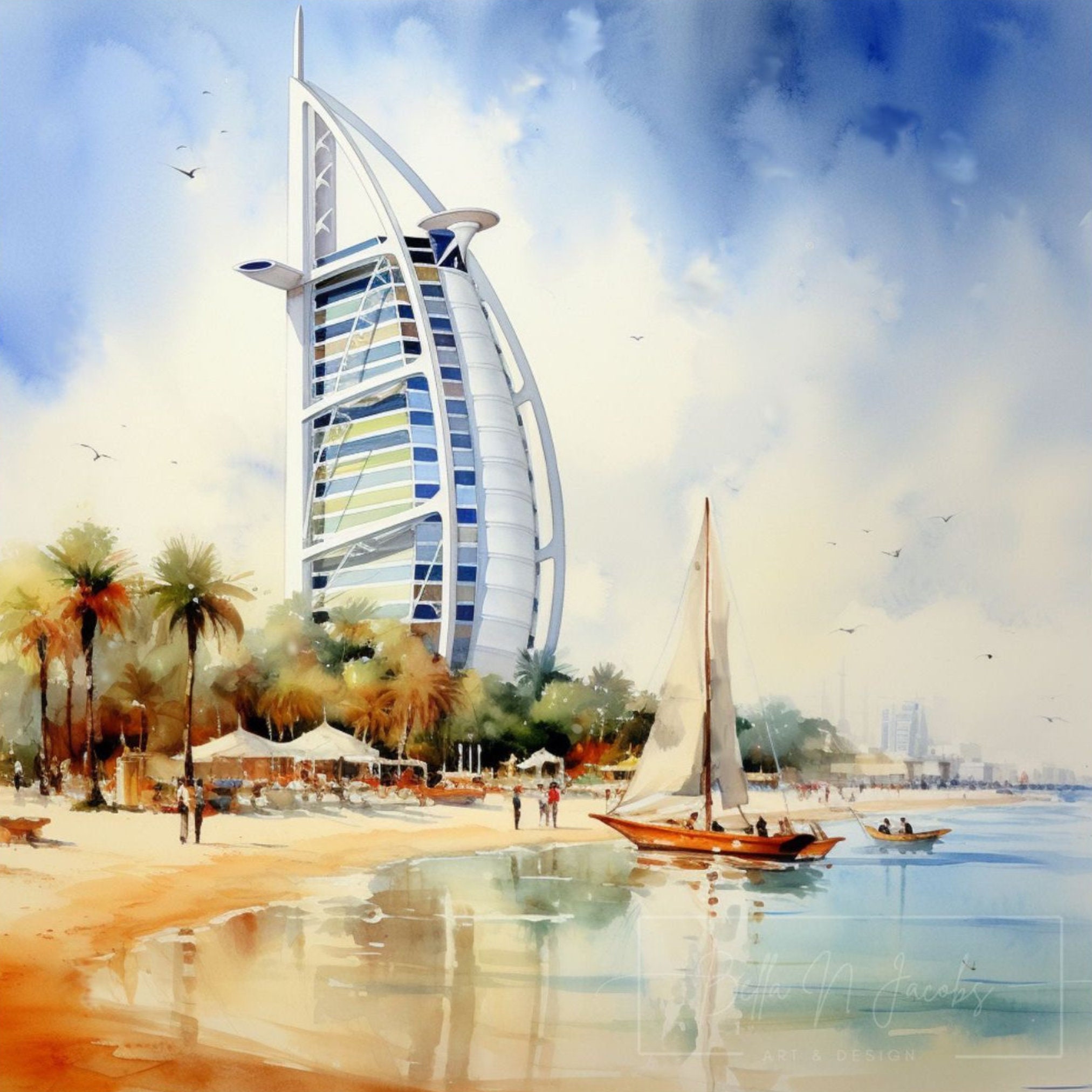 Burj Al Arab Dubai Painting Jumeirah Beach Watercolor Painting Wall Art ...