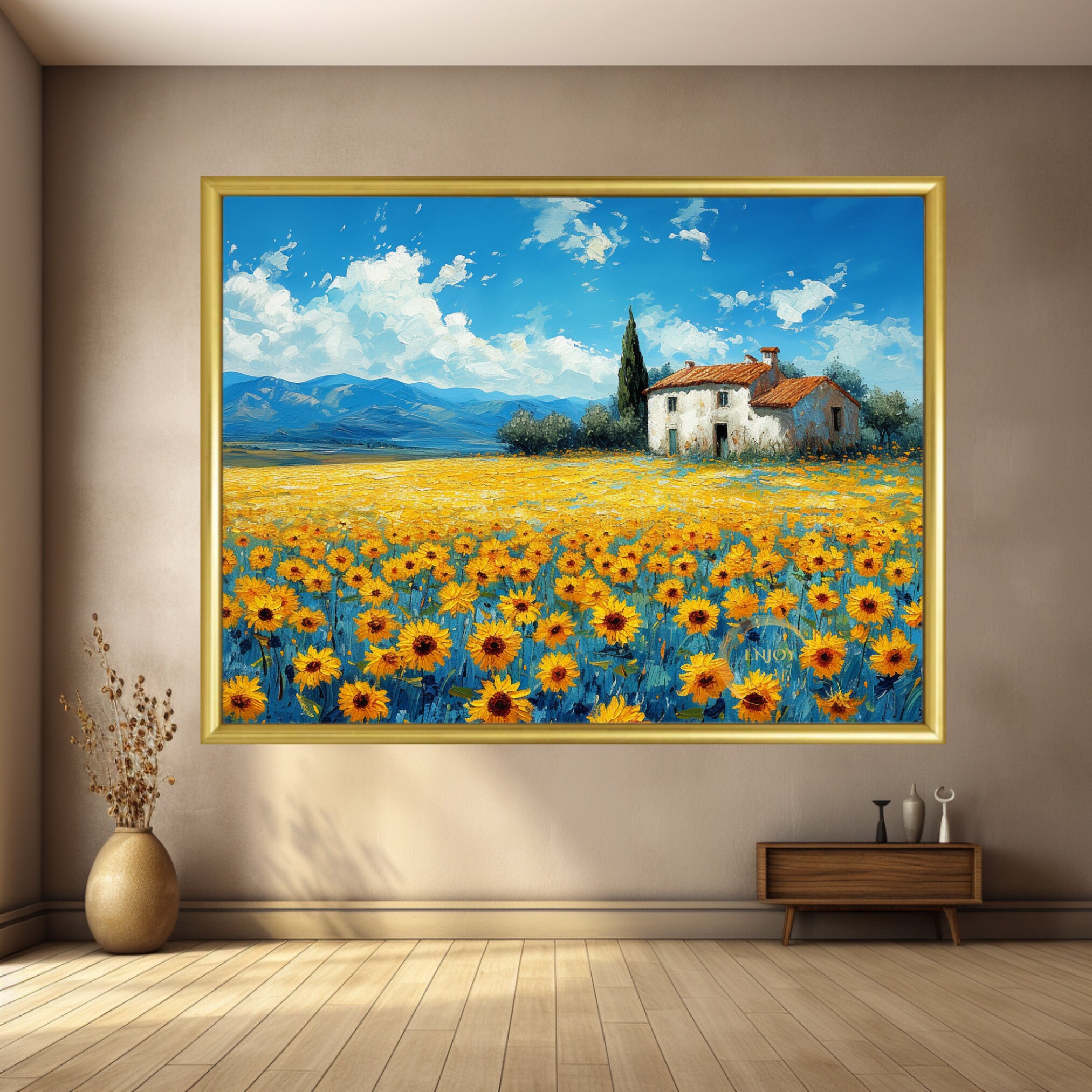 Van Gogh Inspired Sunflower Country House Blu Sky Landscape Oil ...