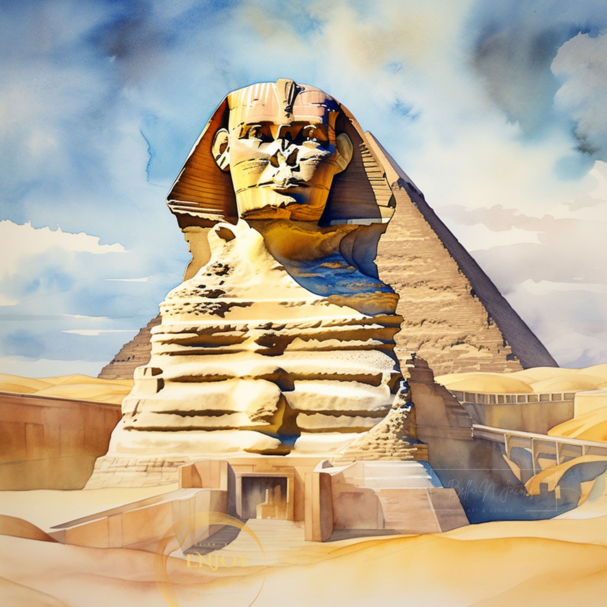 Sphinx Statue in Cairo, Egypt Landscape Watercolor Painting Digital ...