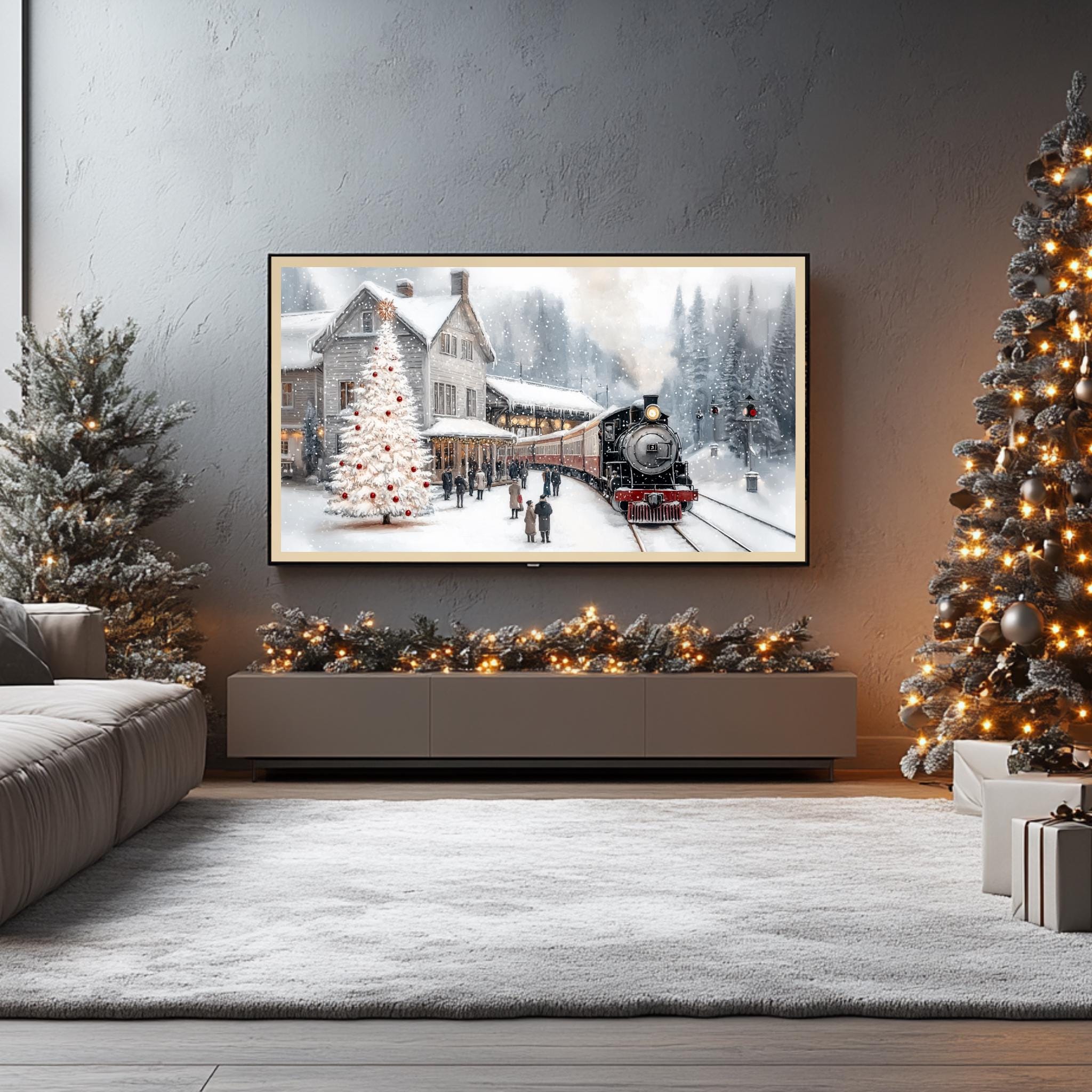 Vintage Winter Train Station Frame TV Art: Snowy Holiday Scene (digital ...
