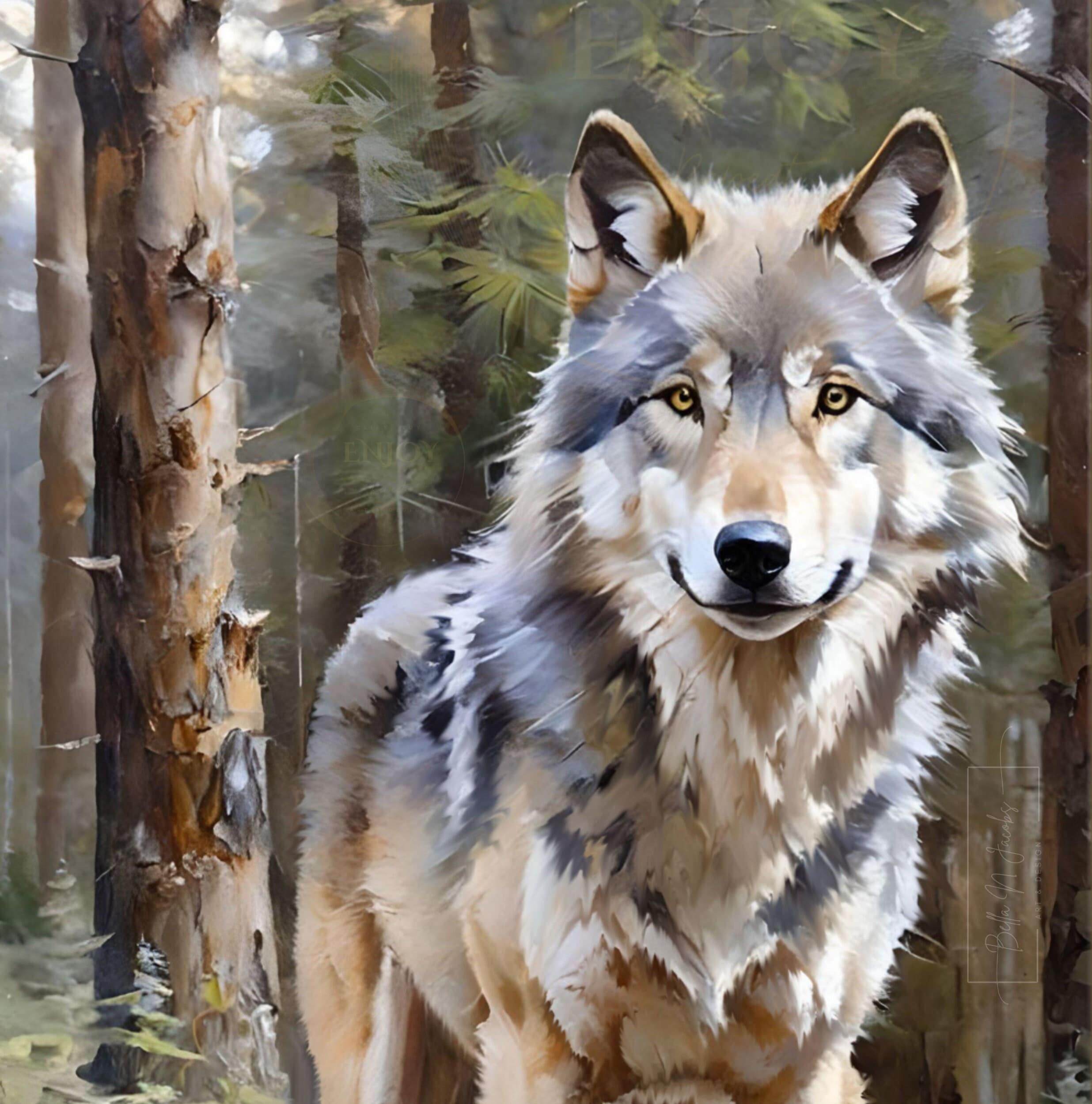 Wolf Vertical Frame Forest Woods Wall Art Decor Landscape Digital Oil ...