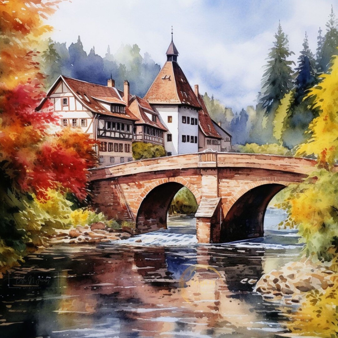 Germany Landscape Watercolor Painting Set: Humpback Bridge & House ...