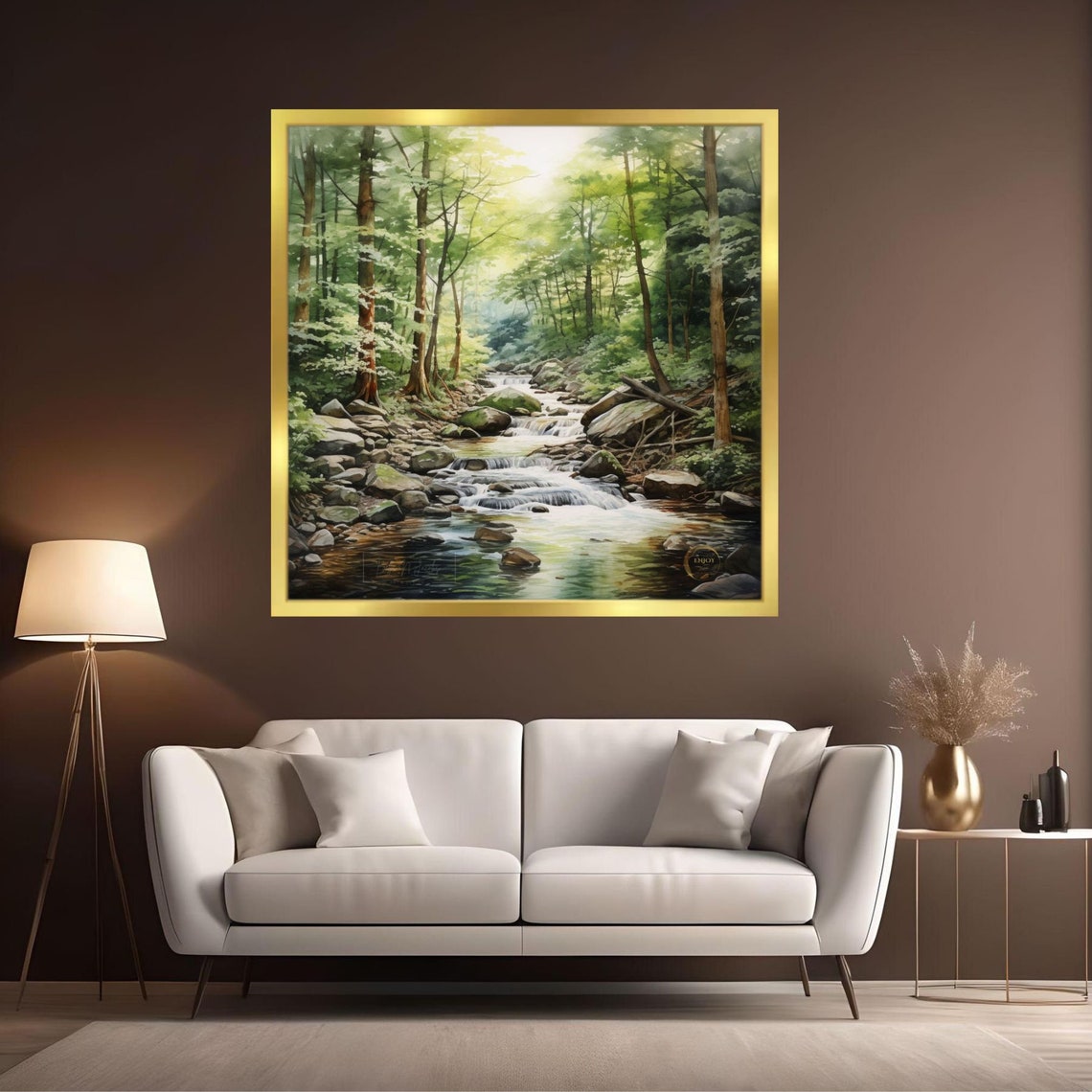 Watercolor Forest Brook Cascade Painting Landscape Wall Art Decor ...