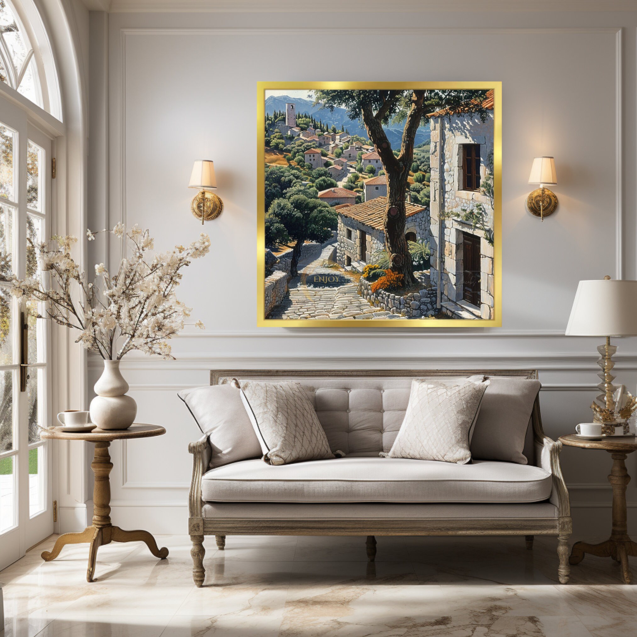 Greek Village Painting Wall Art Decor Living Room Wall Design Screen ...